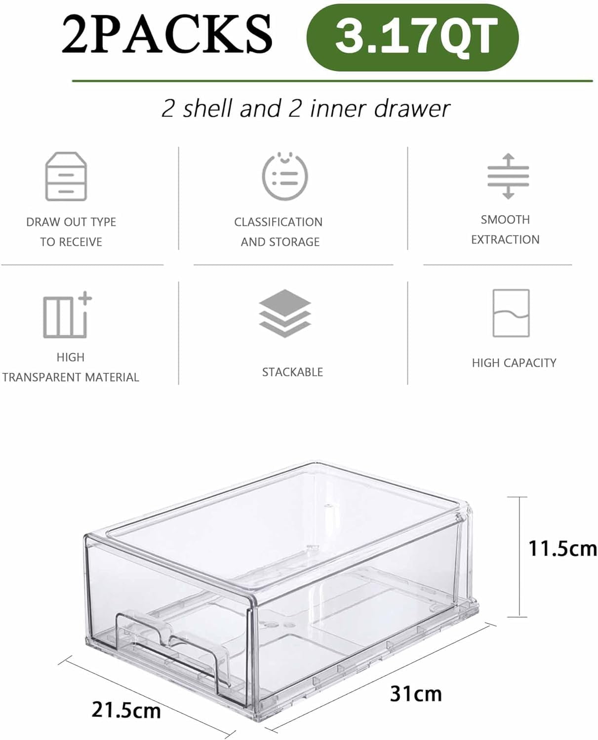 2 Pack Stackable Clear Storage Drawer Refrigerator Organizers and ...
