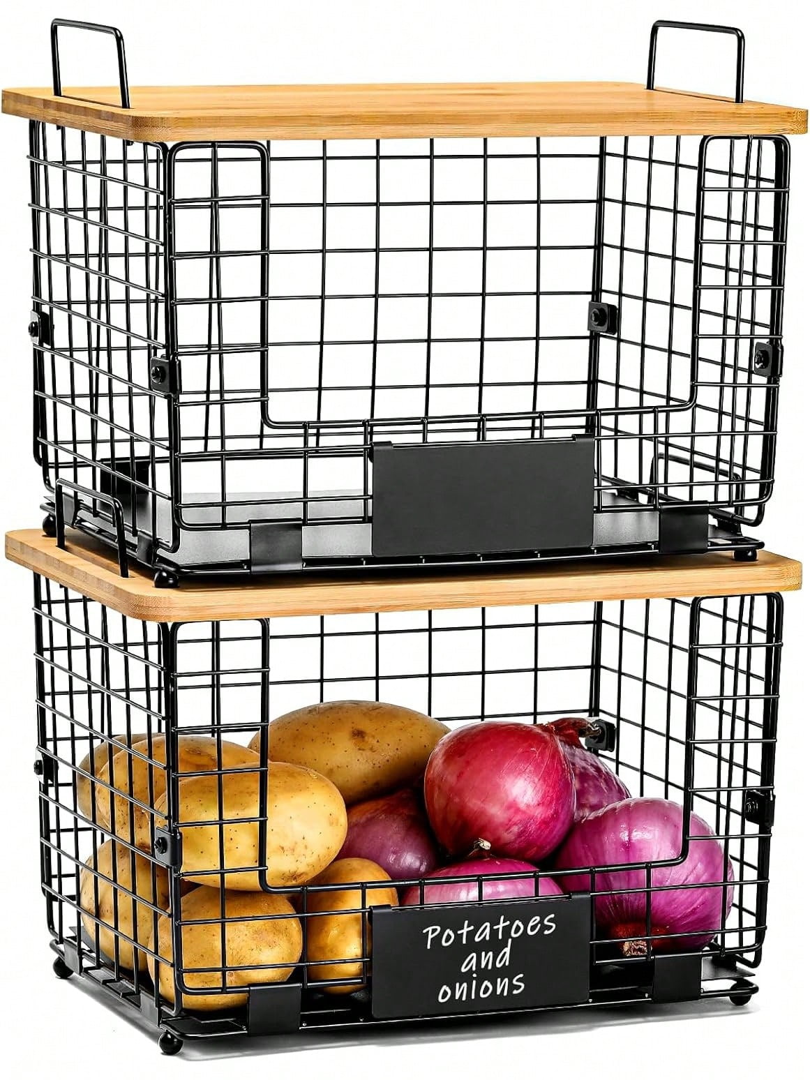 2-Pack Stackable Kitchen Organizers - XL Wire Baskets with Bamboo Lids ...