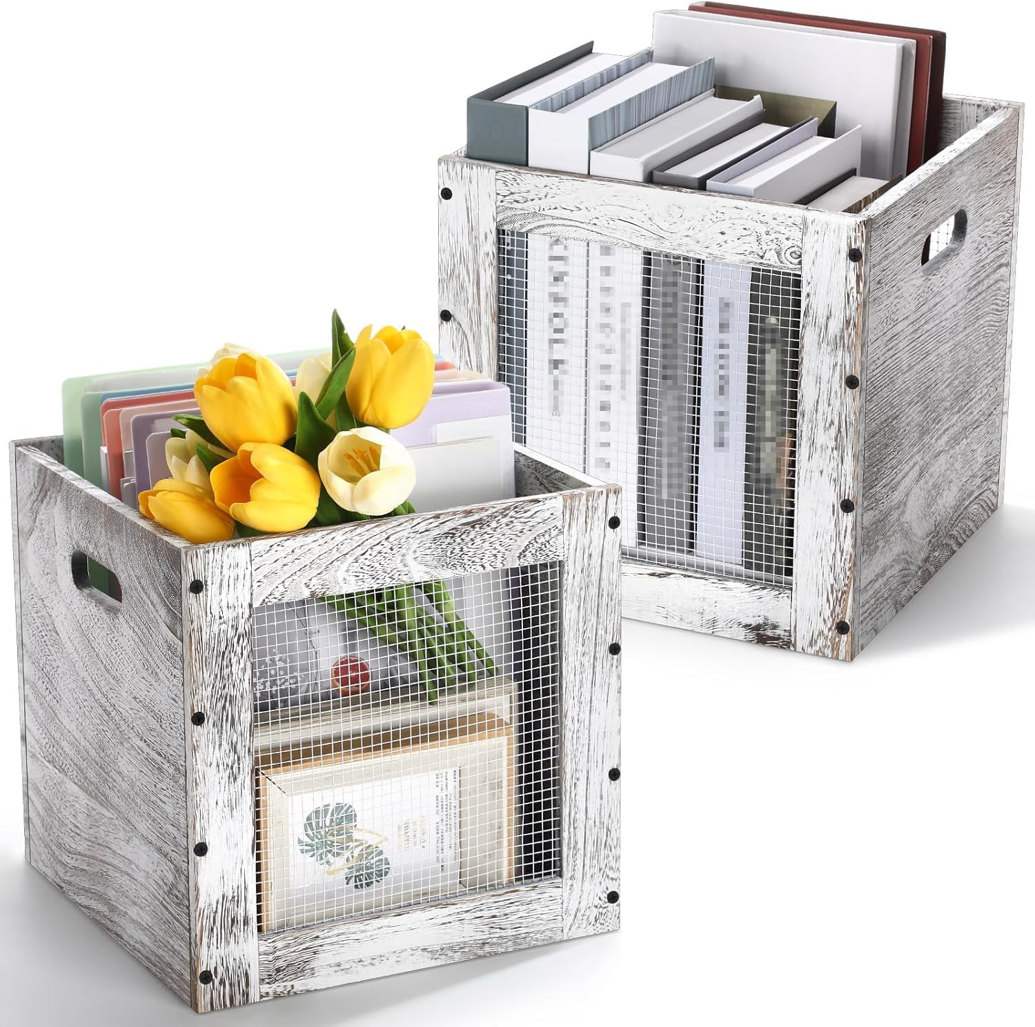 2 Pack Stackable Wood Storage Bins with Metal Wire and Handles 11 x 11 ...