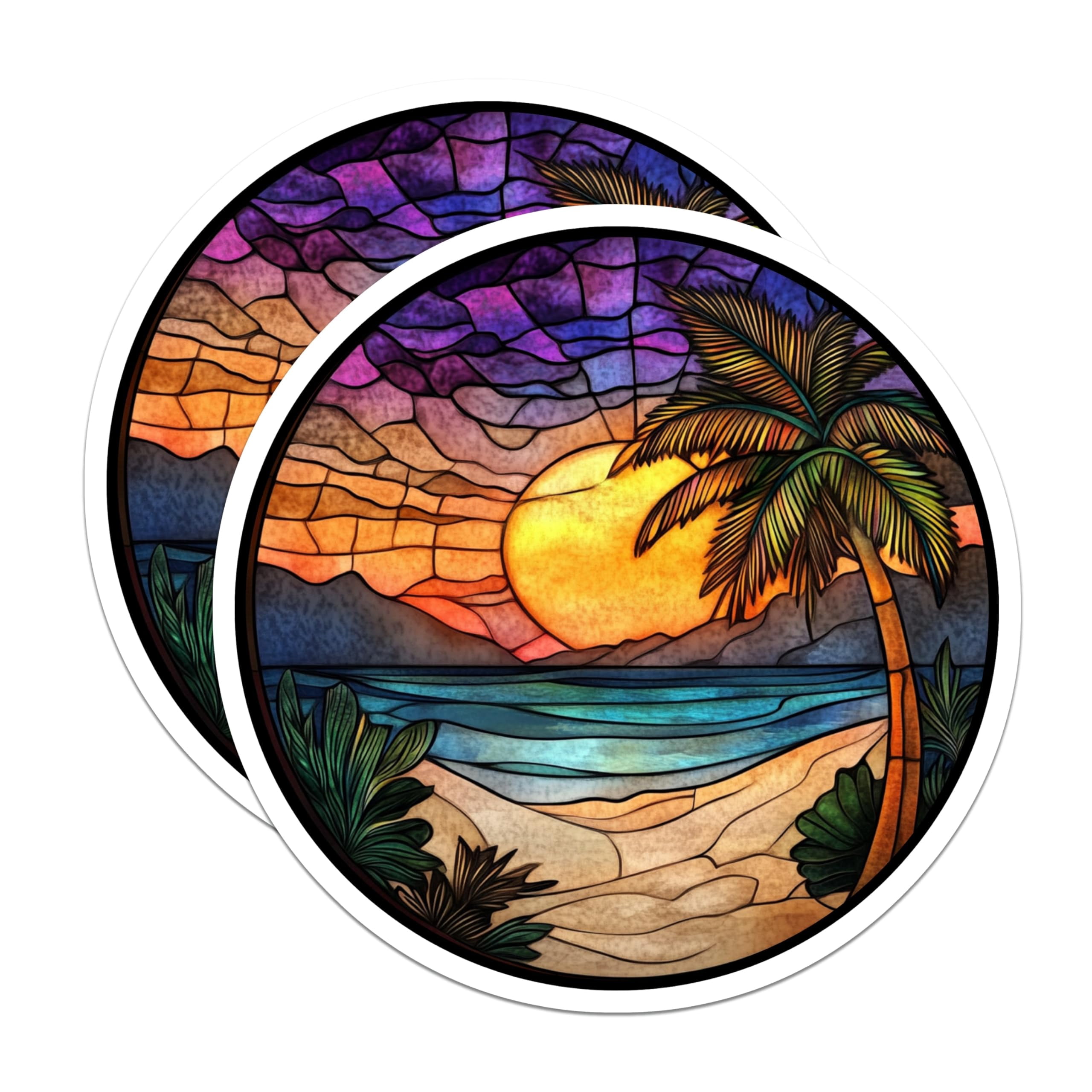(2 Pack) Stained Glass Beach Magnets - Tropical Sunset Decor - Palm ...