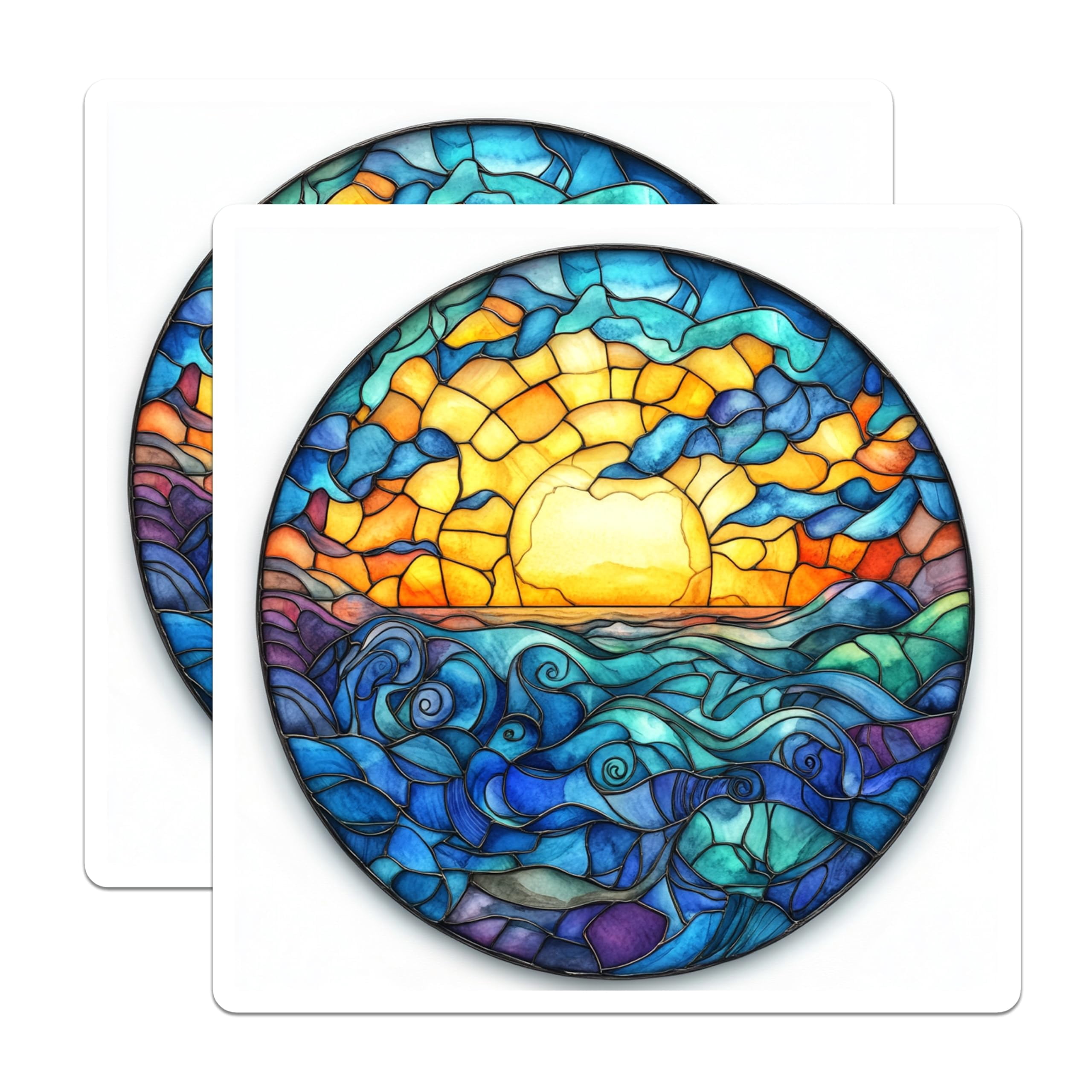 (2 Pack) Stained Glass Sunset Magnets - Ocean Waves Fridge Decor ...