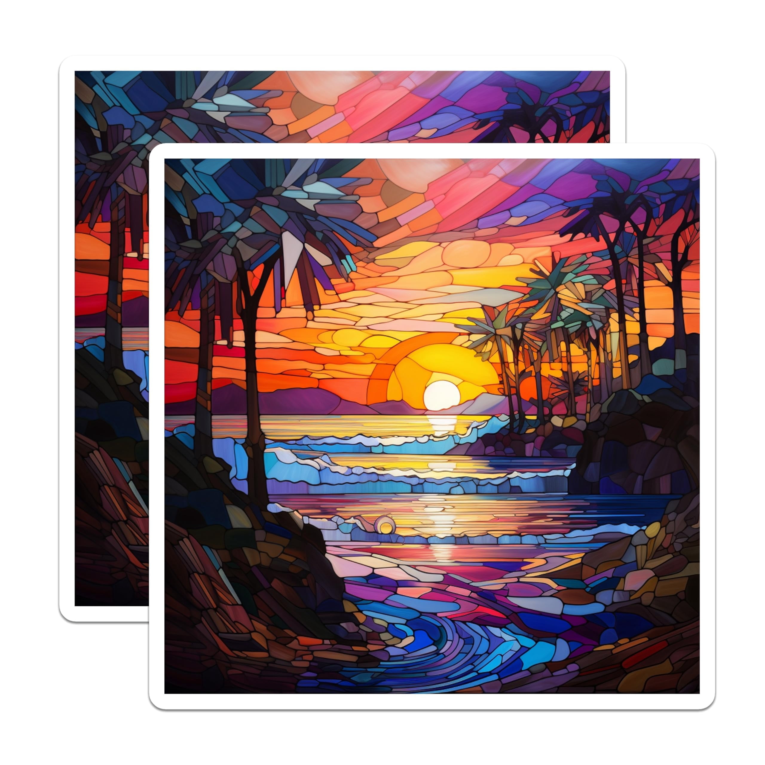 (2 Pack) Stained Glass Sunset Magnets - Tropical Beach Decor - Vibrant ...