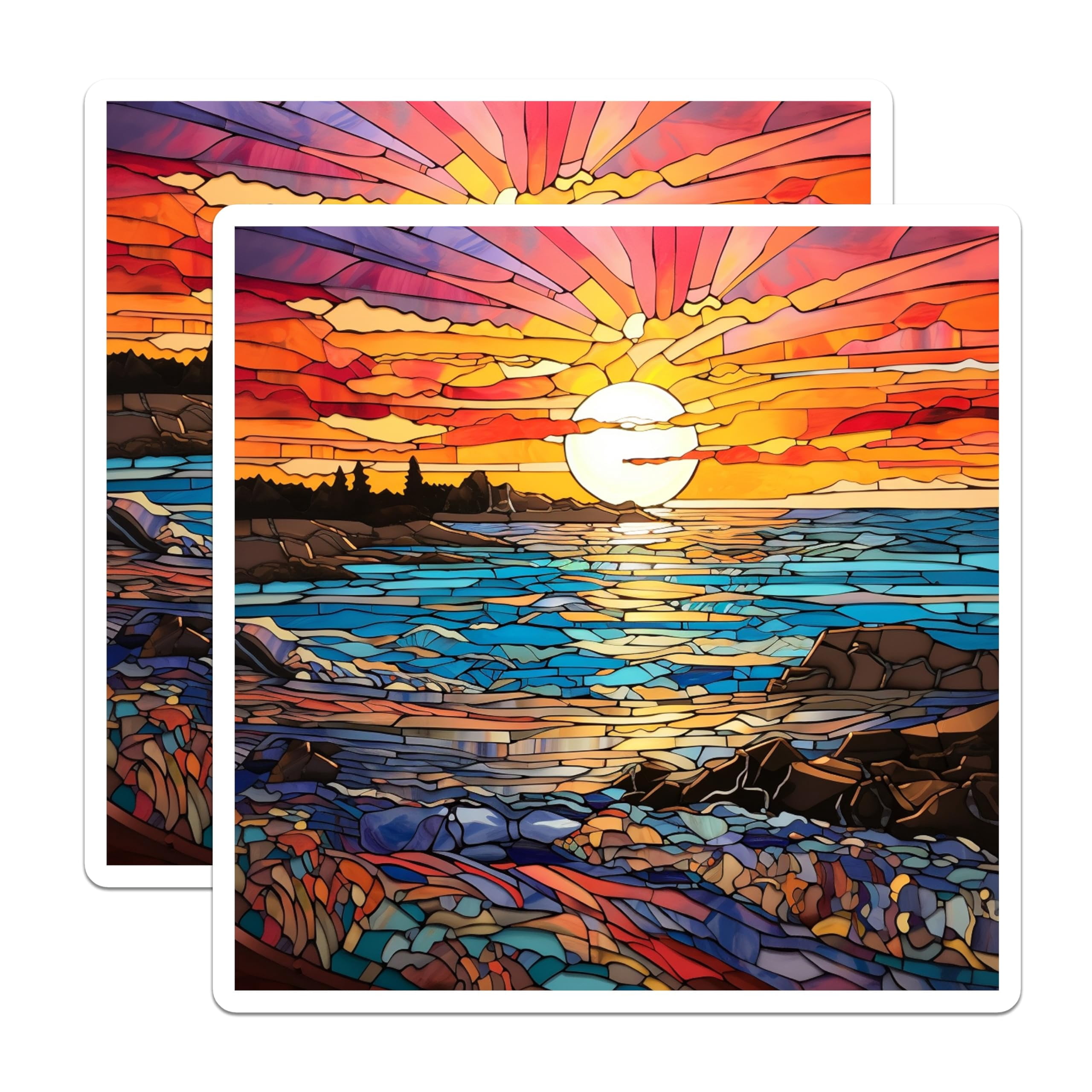 (2 Pack) Stained Glass Sunset Ocean Magnets - Vibrant Seascape Art ...