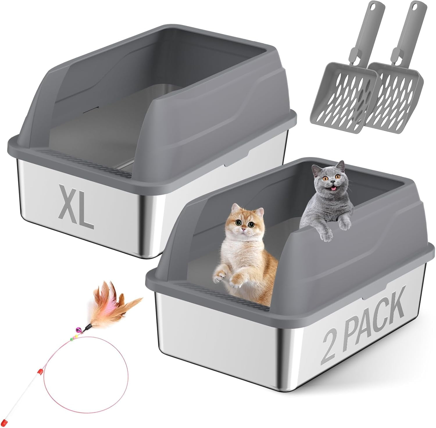 2 Pack Stainless Steel Cat Litter Box, Extra Large Steel Litter Boxes ...