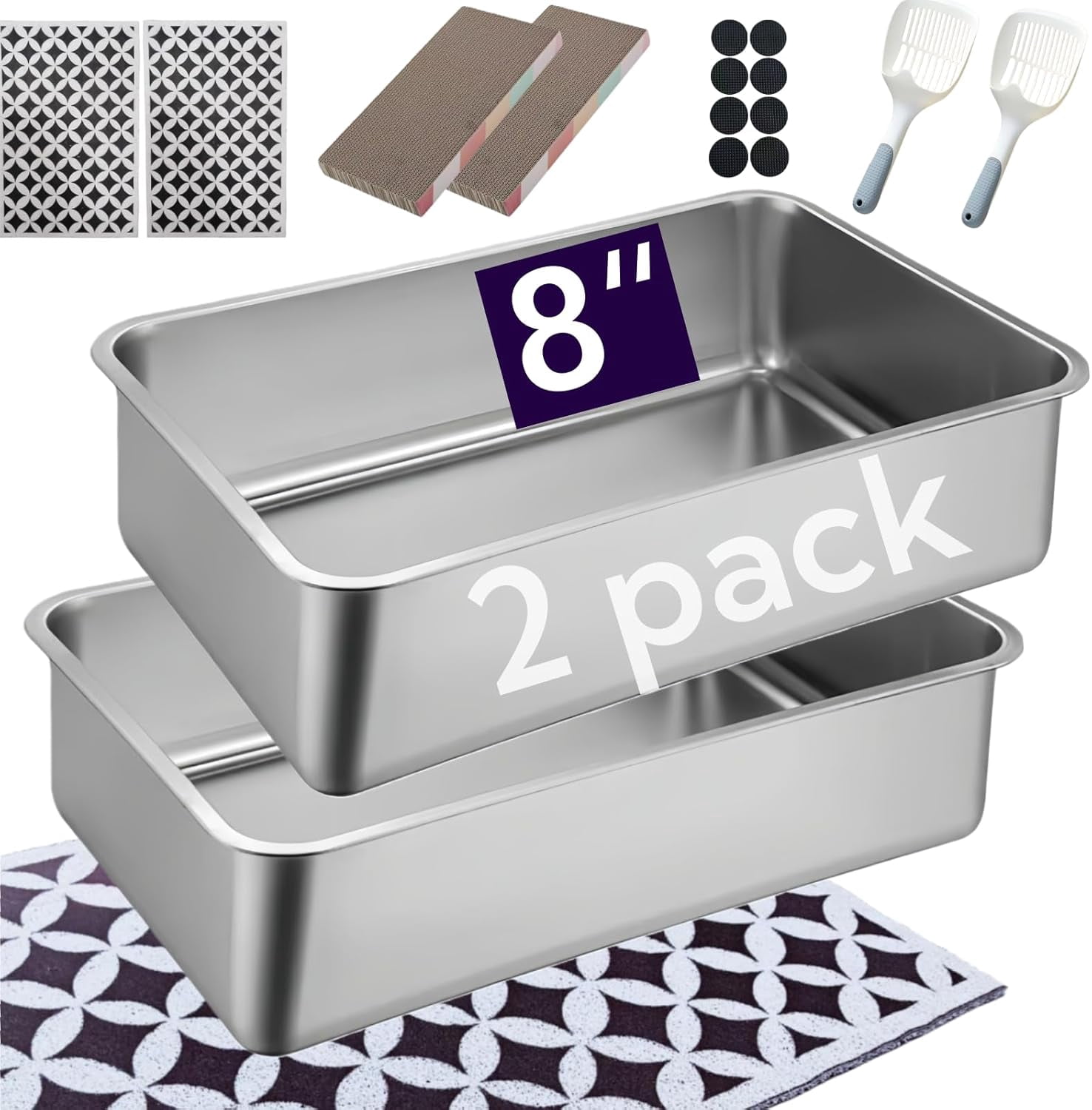 2 Pack Stainless Steel Cat Litter Box with High Sides - Metal Cat Pan ...