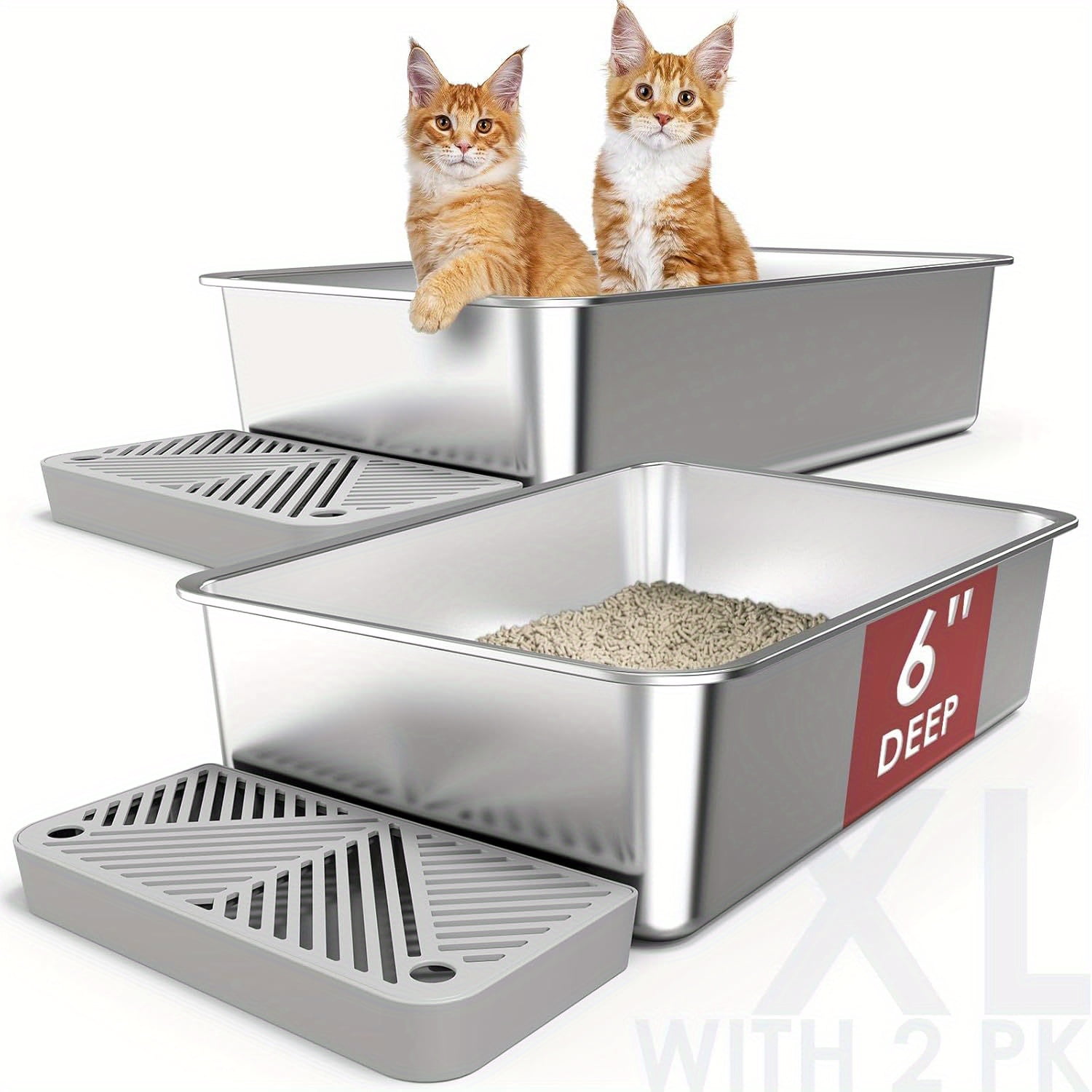 2-Pack Stainless Steel Cat Litter Boxes (15.75x23.62x5.91inch): Durable ...