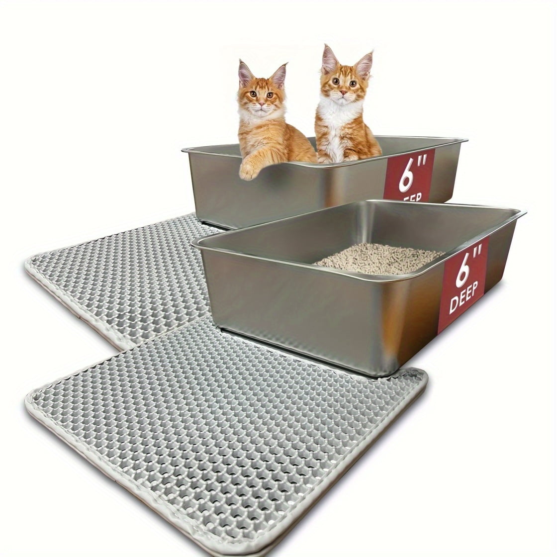 2-Pack Stainless Steel Cat Litter Boxes, Deep Rectangular Design with ...