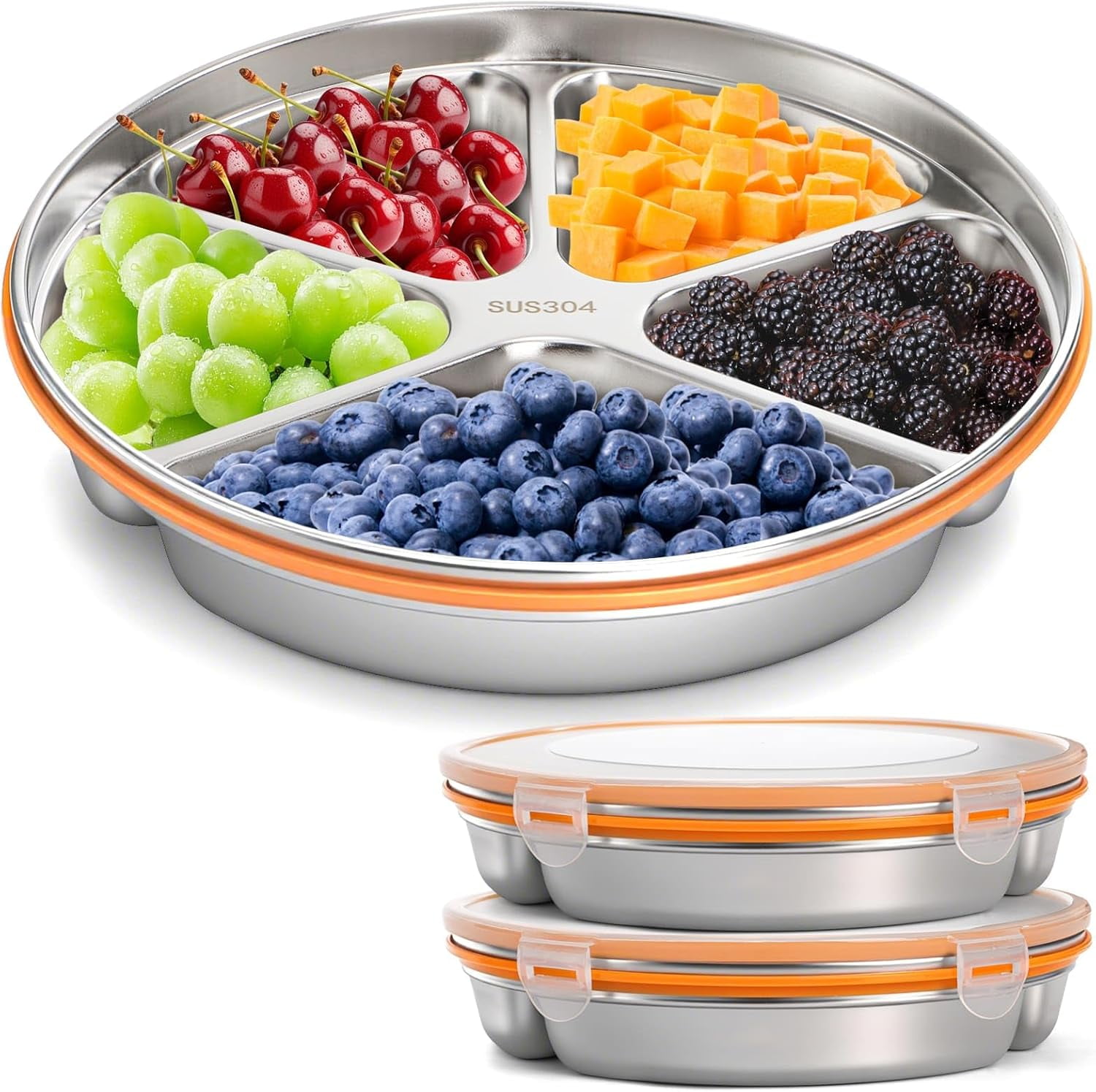 2 Pack Stainless Steel Divided Serving Tray with Lid, 5 Compartments ...