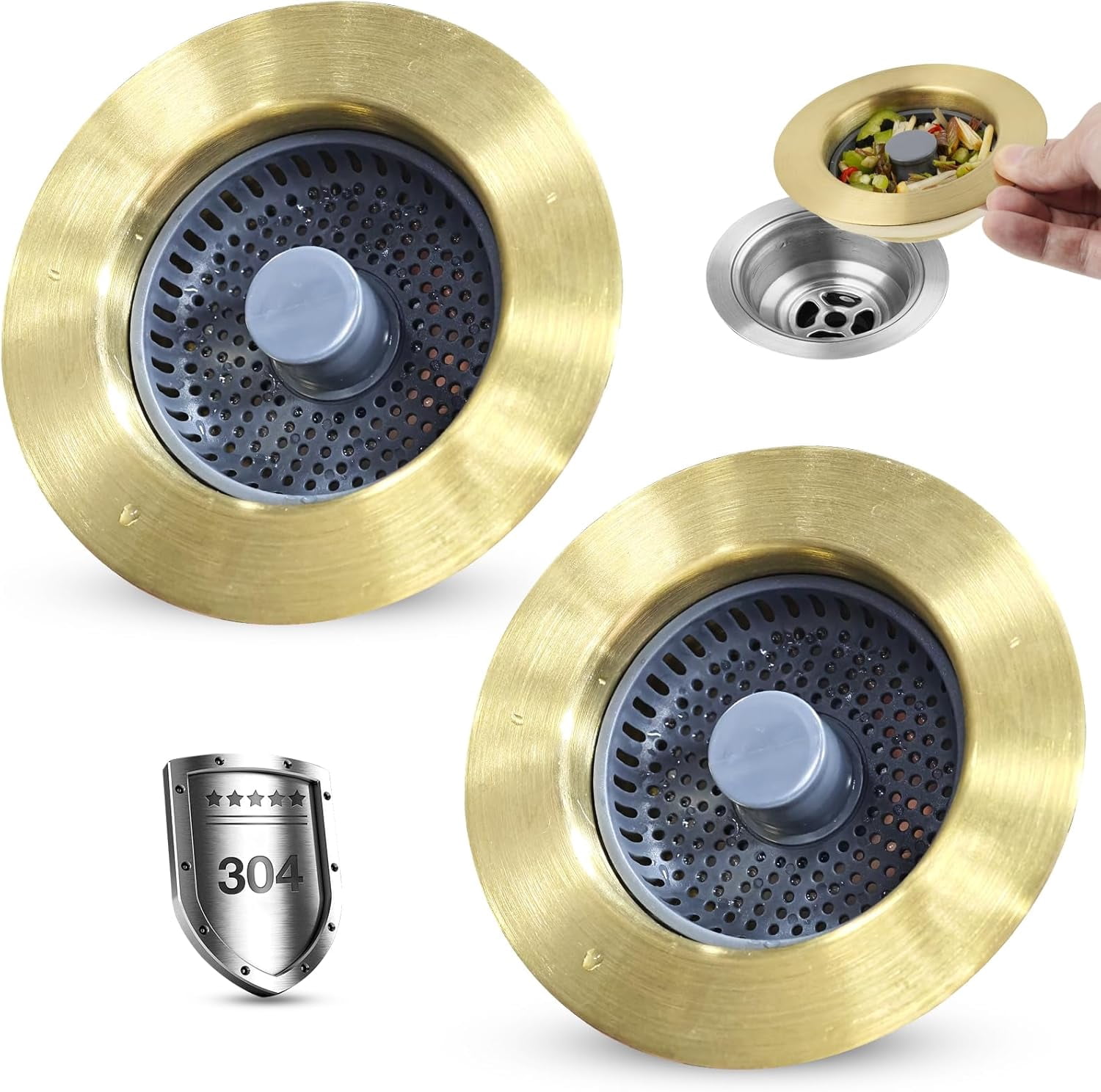 2 Pack Stainless Steel Kitchen Sink Drain Strainer Stopper Kit, 3 in 1 ...