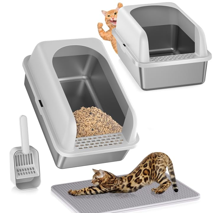 2 Pack Stainless Steel Litter Box witn High Sides, Extra Large cat Litter Box with Lid, Metal ...
