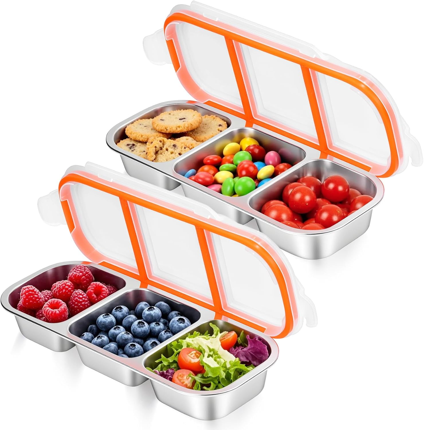2 Pack Stainless Steel Snack Containers - Reusable 3 Compartment ...