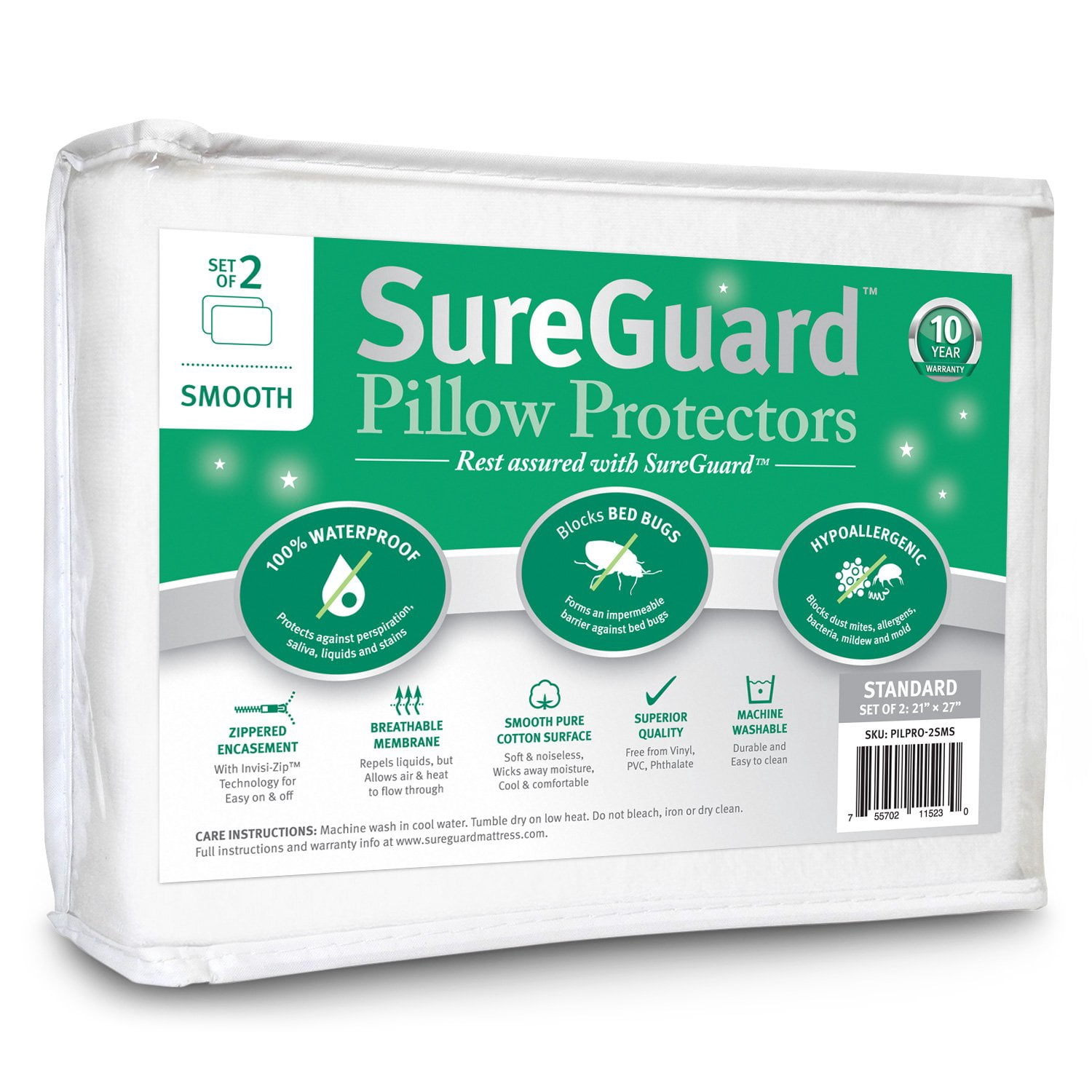 2 Pack Standard Pillow Protectors, Waterproof Hypoallergenic Cover with ...