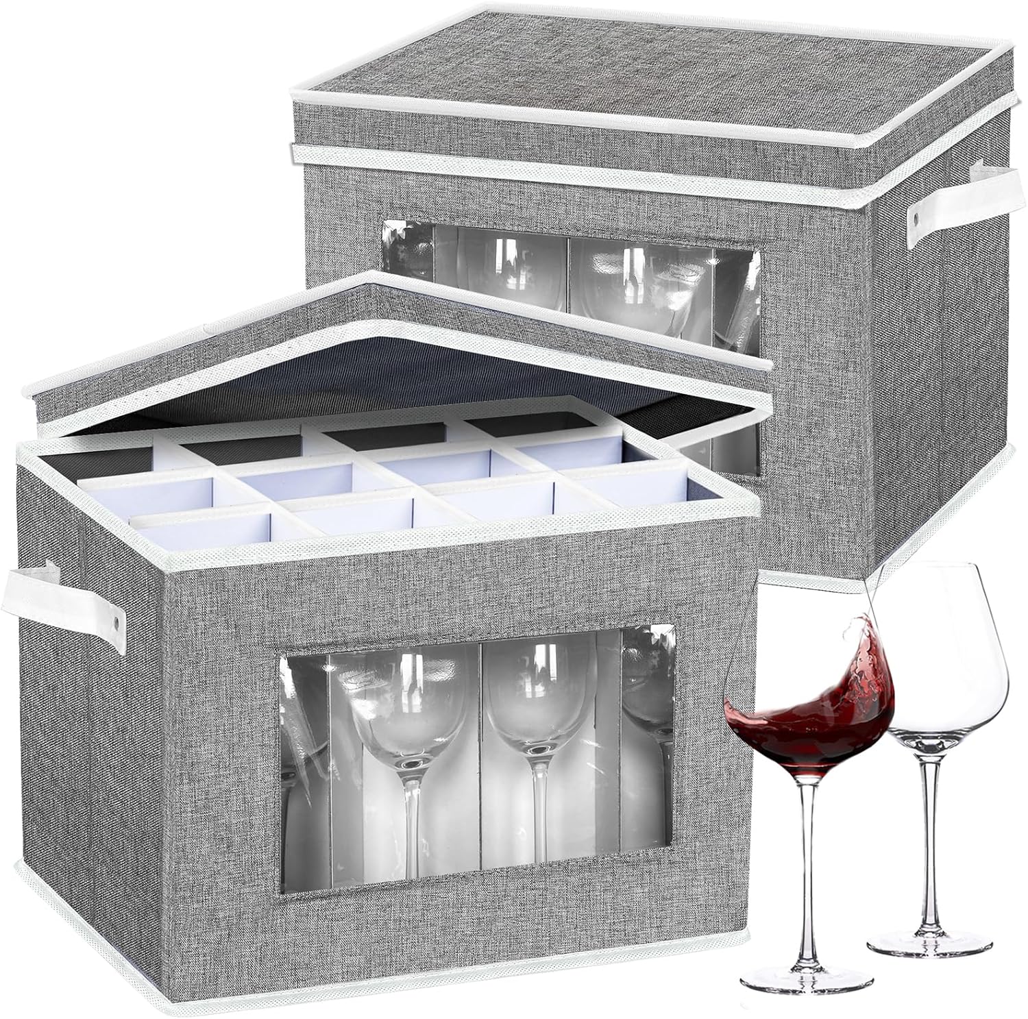 2 Pack Stemware Storage Cases, Wine Glass Storage Box with Dividers ...