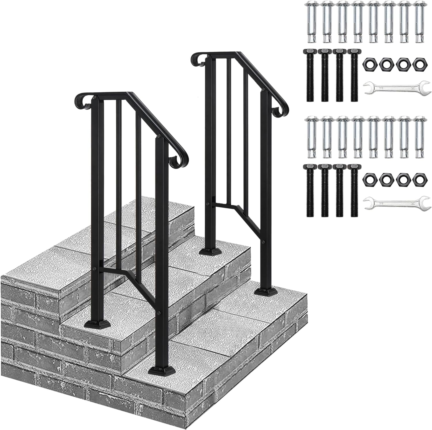 2 Pack 2 Step Handrails for Outdoor Steps, Wrought Iron Stair Railing ...