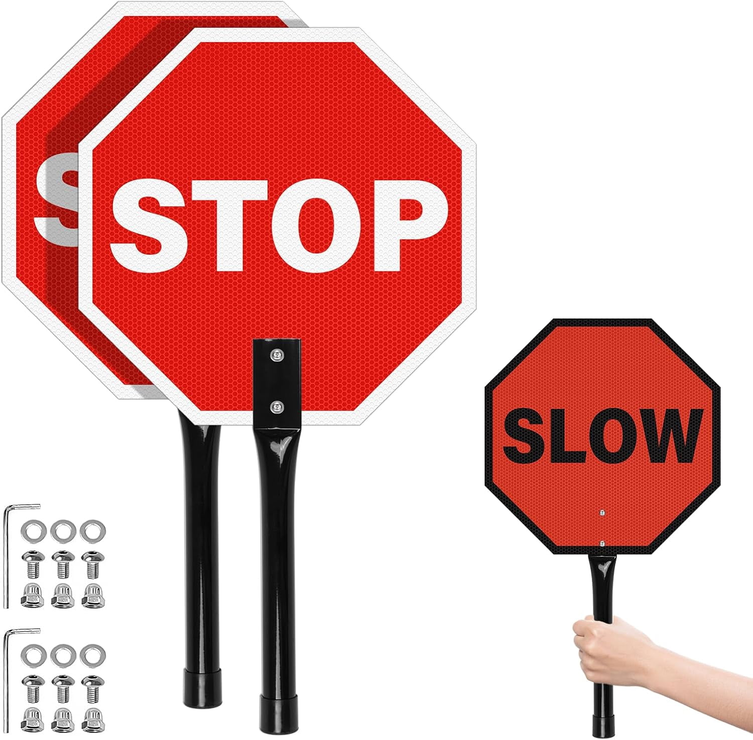 2 Pack Stop Slow Sign with Metal Handle 12 × 12 Inches Double Sided ...
