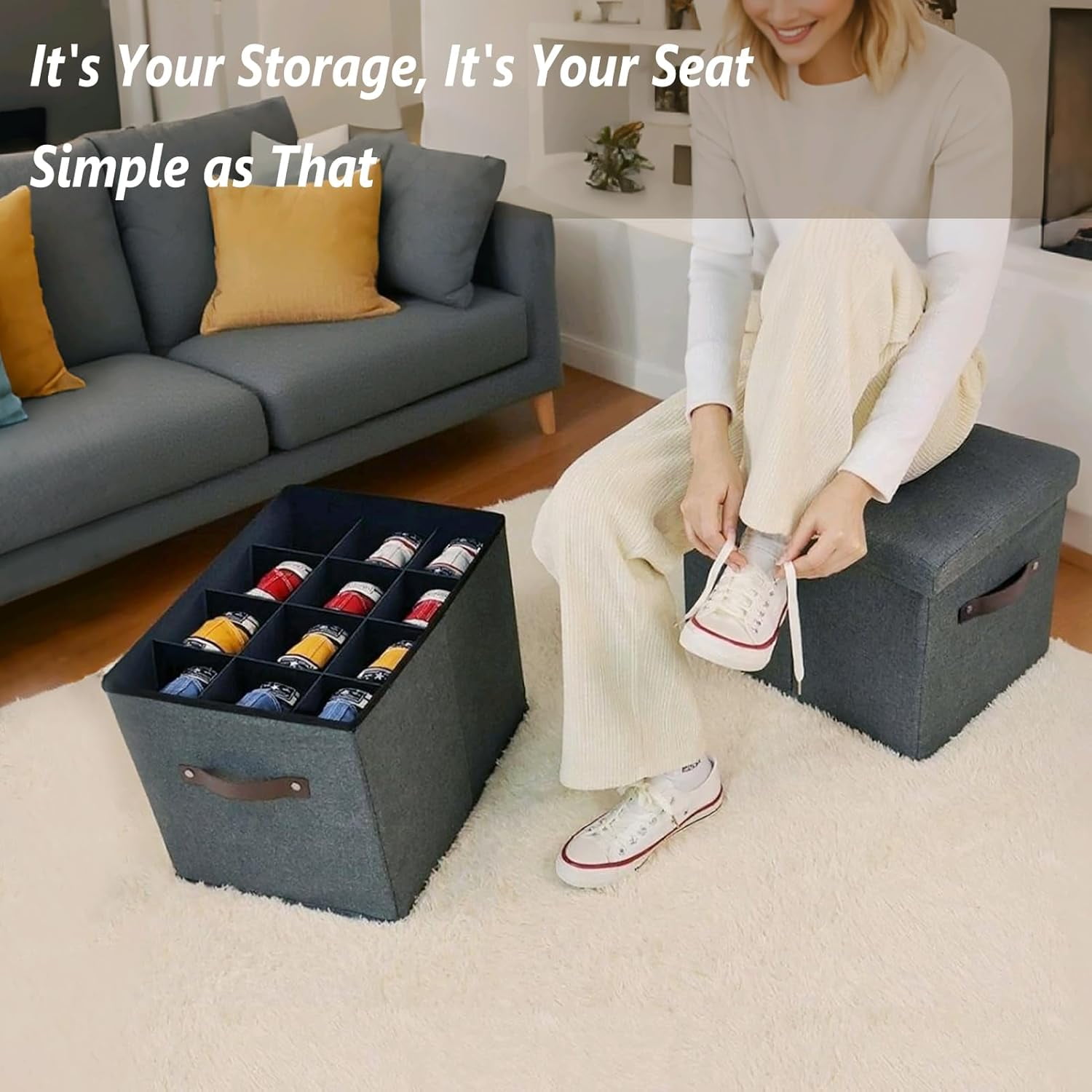 2 Pack Storage Ottoman Shoe Organizer for Closet - Adjustable Dividers ...