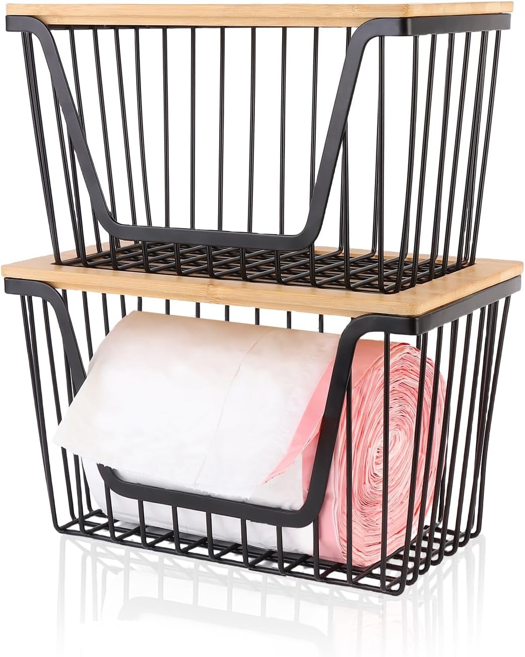 2 Pack Storage Stackable with Bamboo Top for Kitchen Laundry Room ...