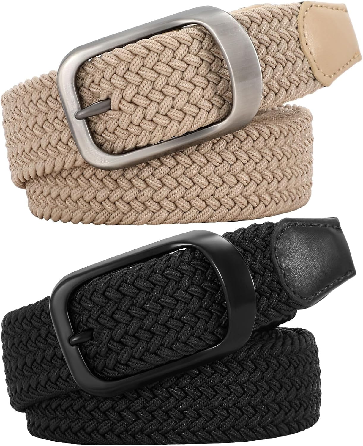 2 Pack Stretch Belts for Men Elastic Woven Braided Belt 1 3/8 Casual ...