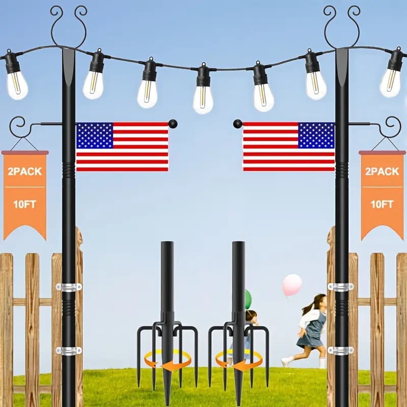 2 Pack String Light Poles, Outdoor String Light Pole 10ft Forked Metal ...