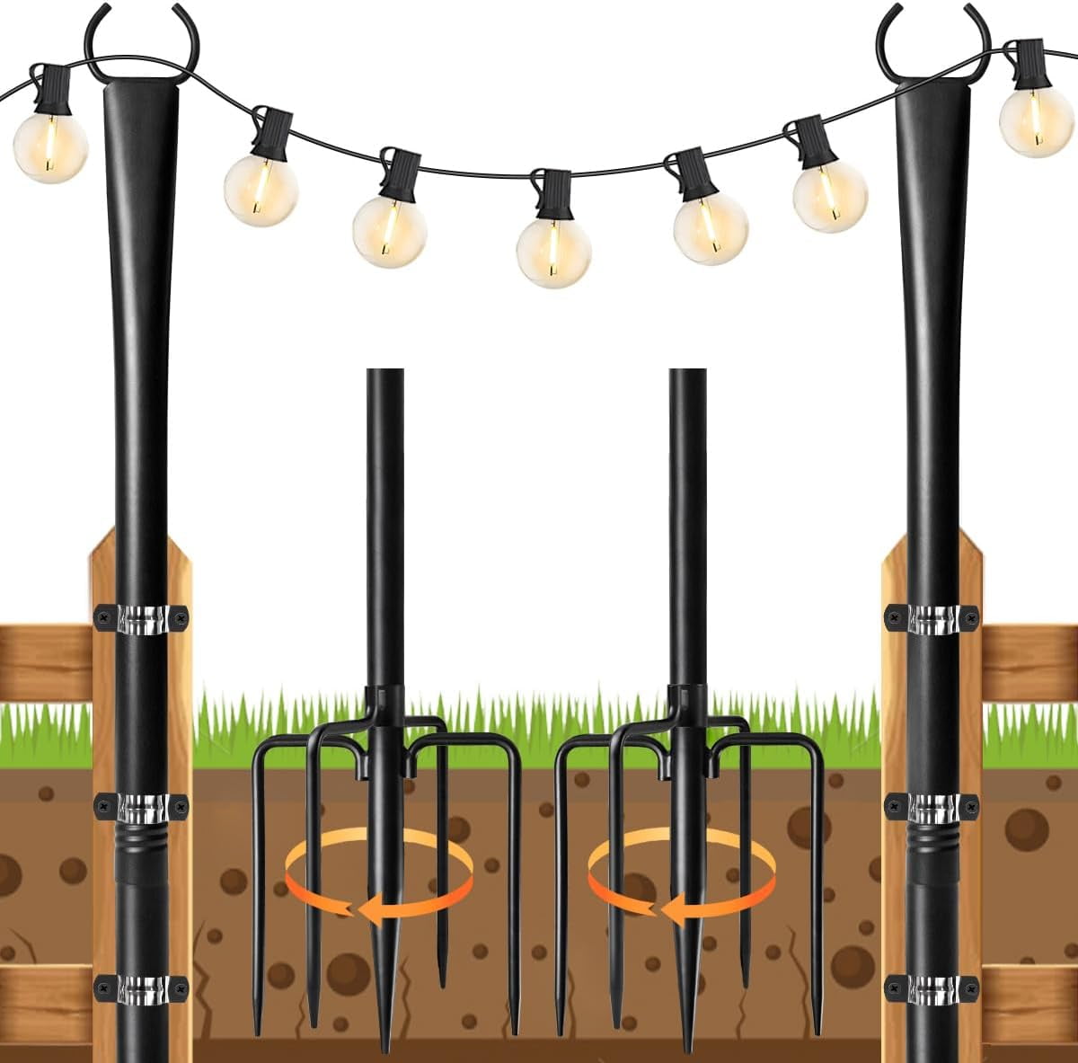 2 Pack String Light Poles for Outside, 10ft Heavy-Duty Metal Light ...