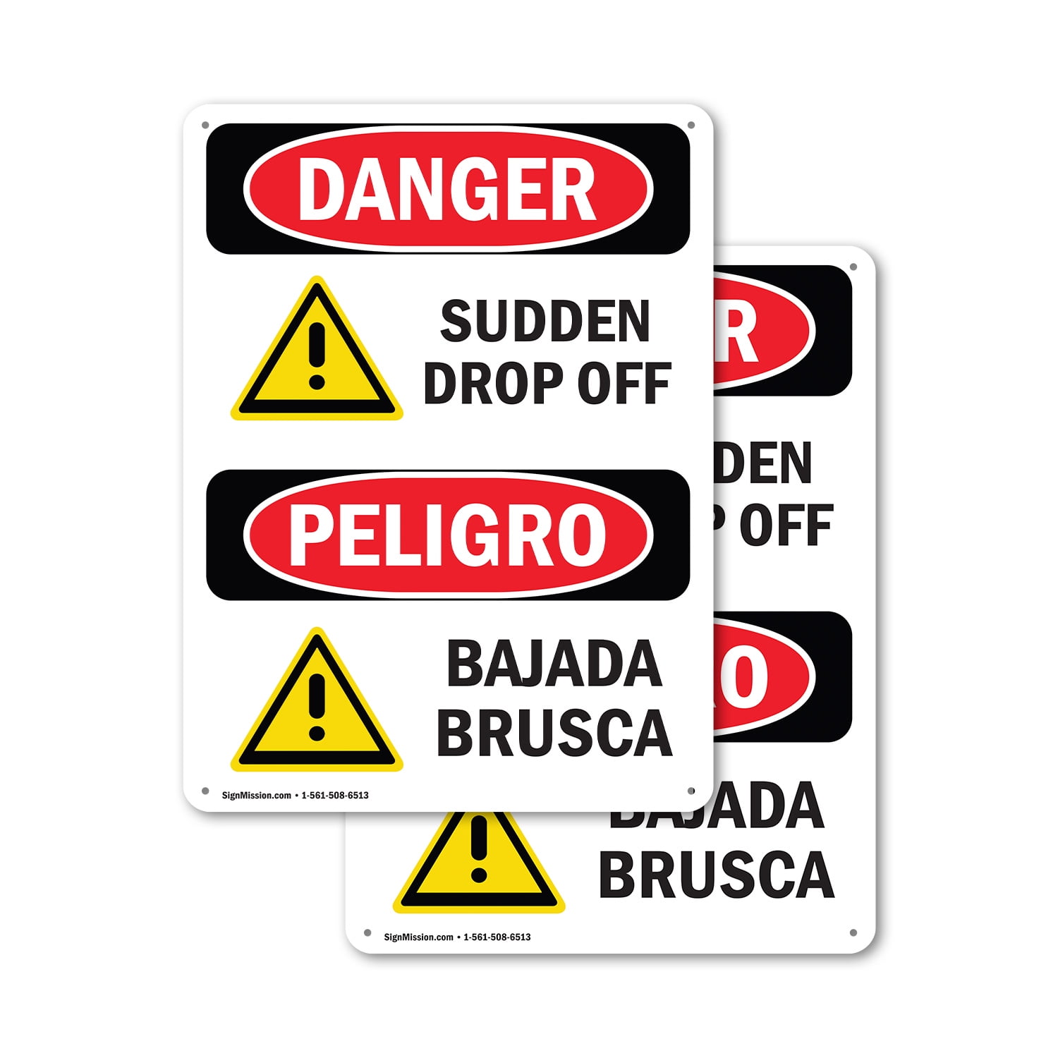 (2 Pack) Sudden Drop Off With Symbol Bilingual OSHA Danger Sign 18 Inch ...