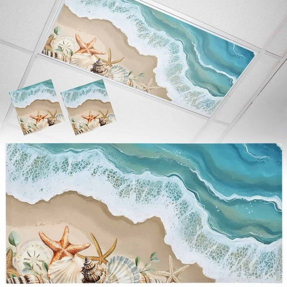 2 Pack Summer Beach Fluorescent Light Covers for Ceiling Lights Spray Ocean Waves Sand Seashell ...