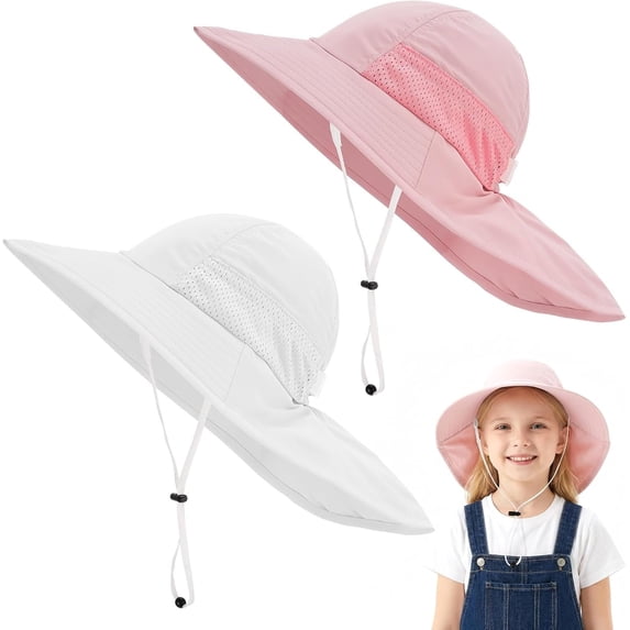 2 Pack Sun Hat Girls, Beach Bucket Hats with Wide Brim and Flap, 2-12 ...