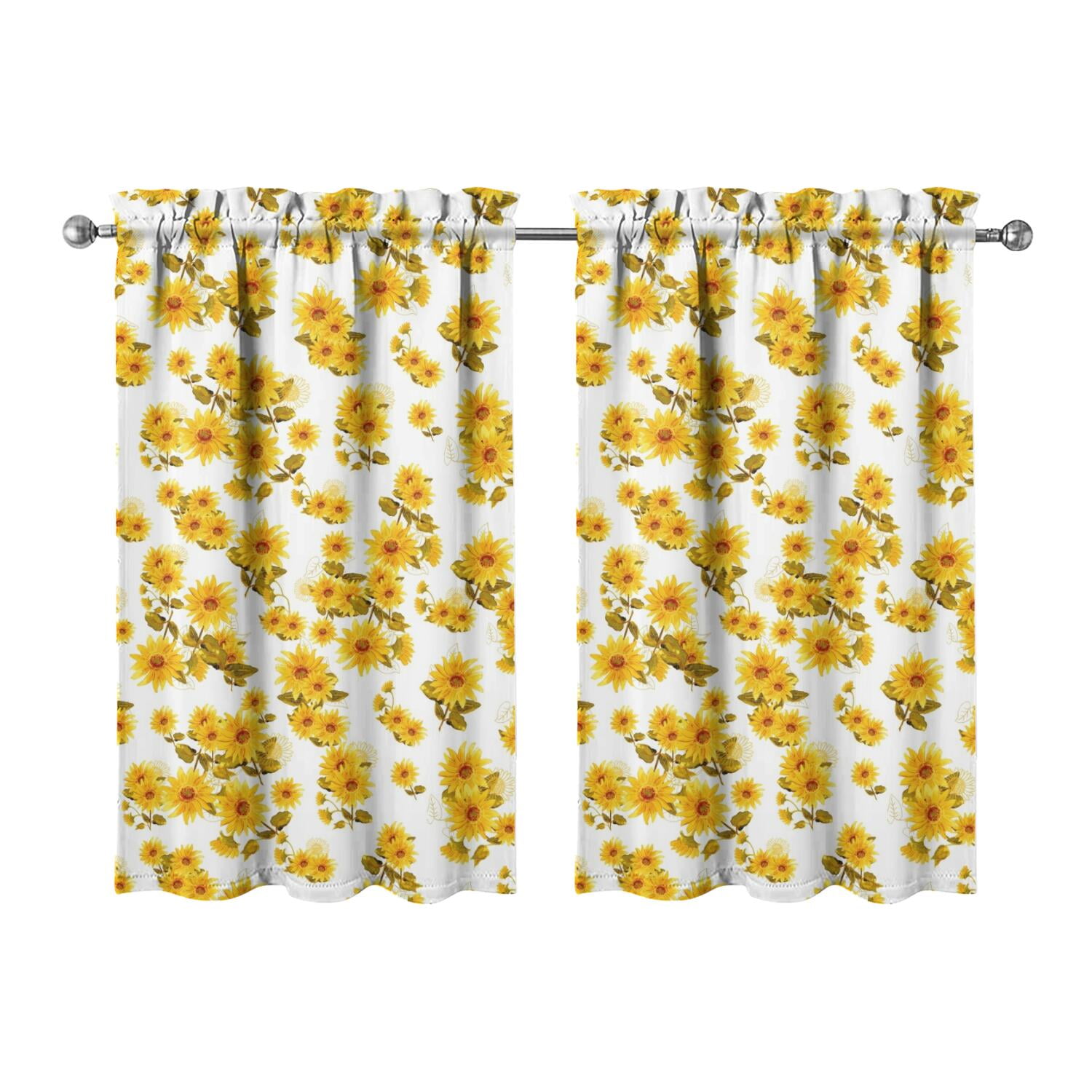 2 Pack Sunflower Print Tier Curtains - Golden Sunny Farmhouse Style ...