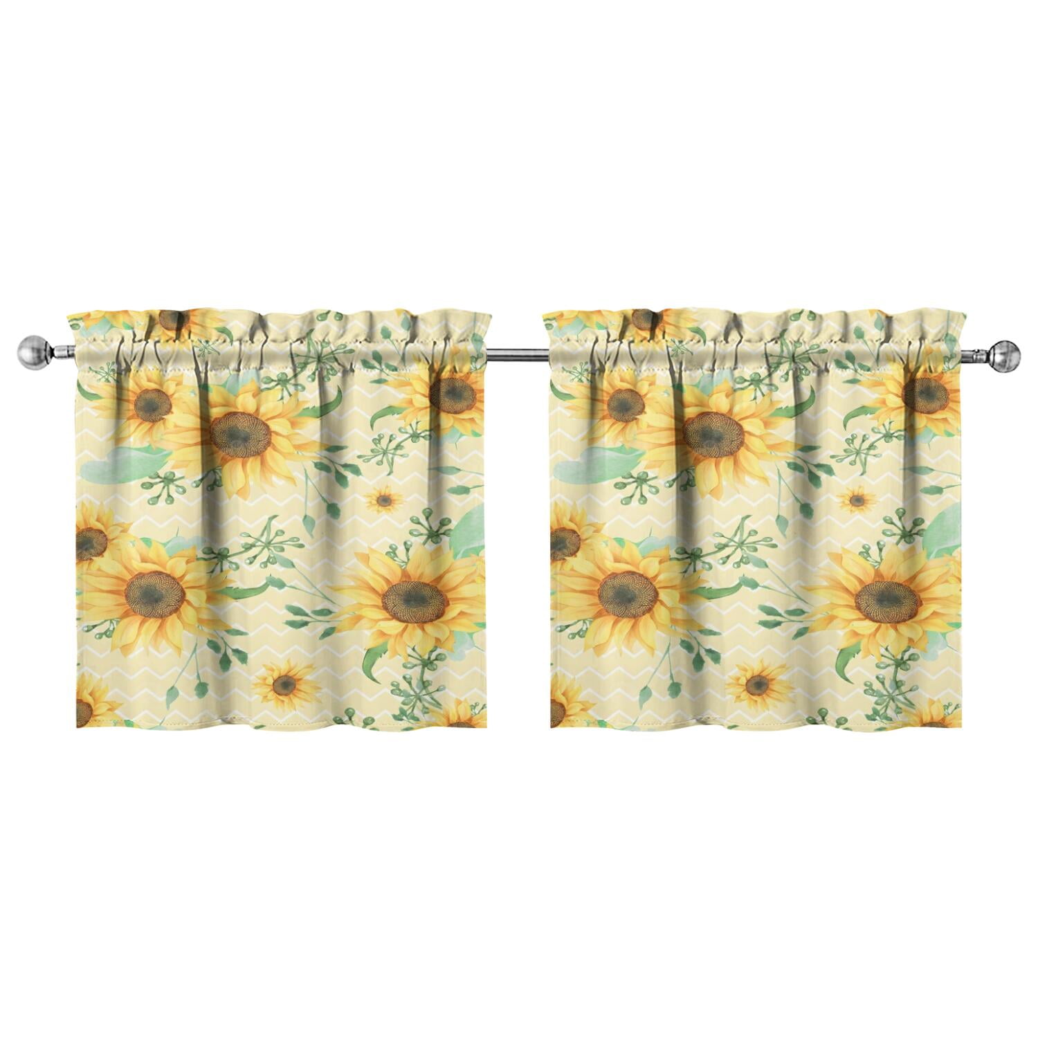 2 Pack Sunflower Print Tier Curtains - Golden Sunny Farmhouse Style ...