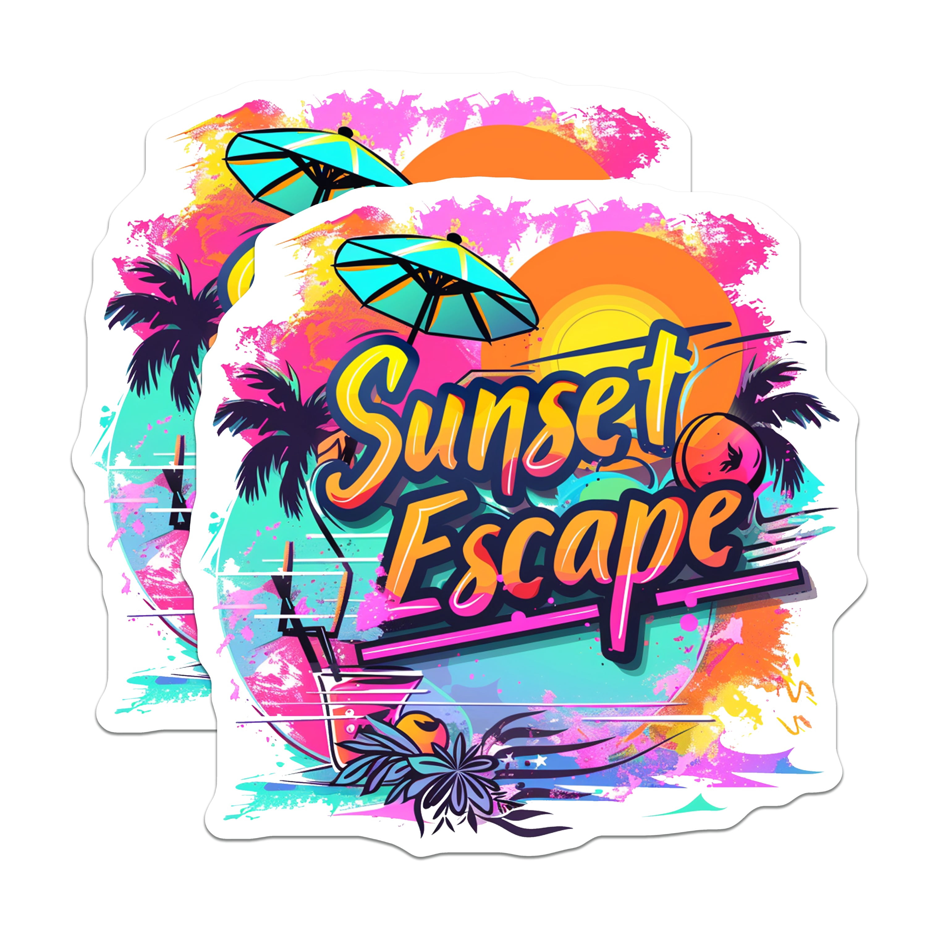 (2 Pack) Sunset Escape Stickers - Tropical Vacation - Retro Beach Vibe ...