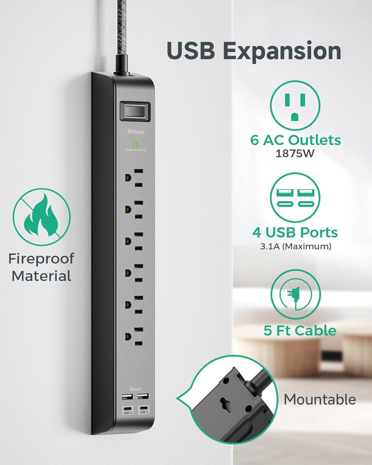 2 Pack Surge Protector Power Strip with 6 Outlets 4 USB Ports 5-Foot ...