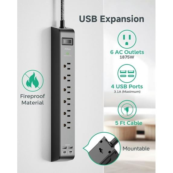 2 Pack Surge Protector Power Strip with 6 Outlets 4 USB Ports 5-Foot ...