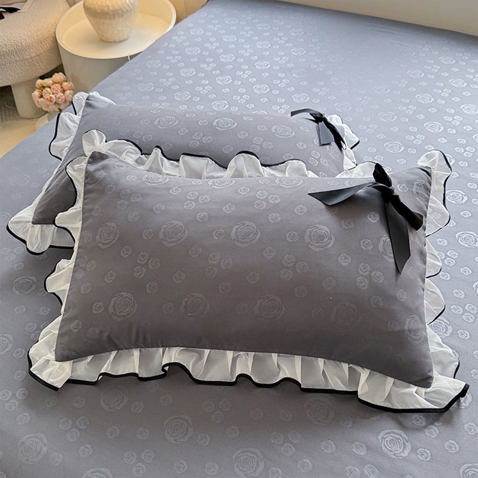 2-Pack Sweetheart Pillowcases - Flannel Ruffled Pillow Covers with Bow ...