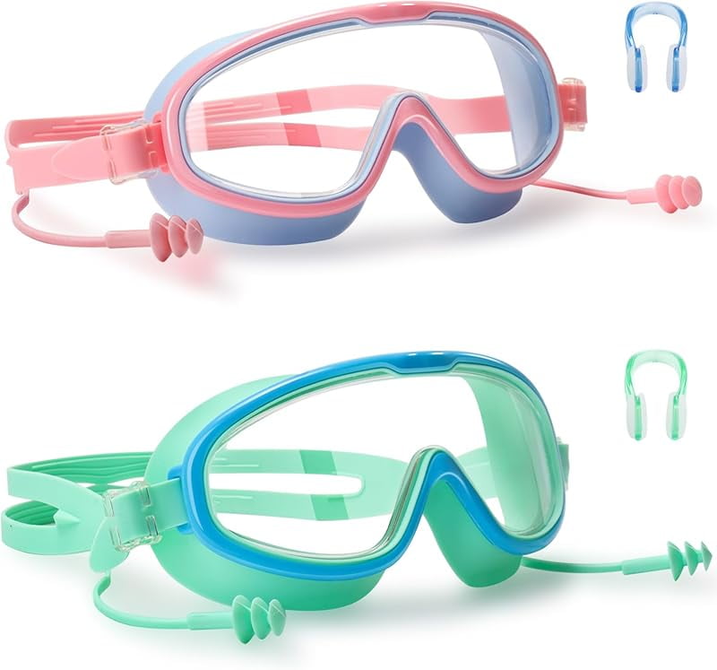 2 Pack Swim Goggles for Kids 3-15 Years Old, HD Large Frame Anti-Fog ...