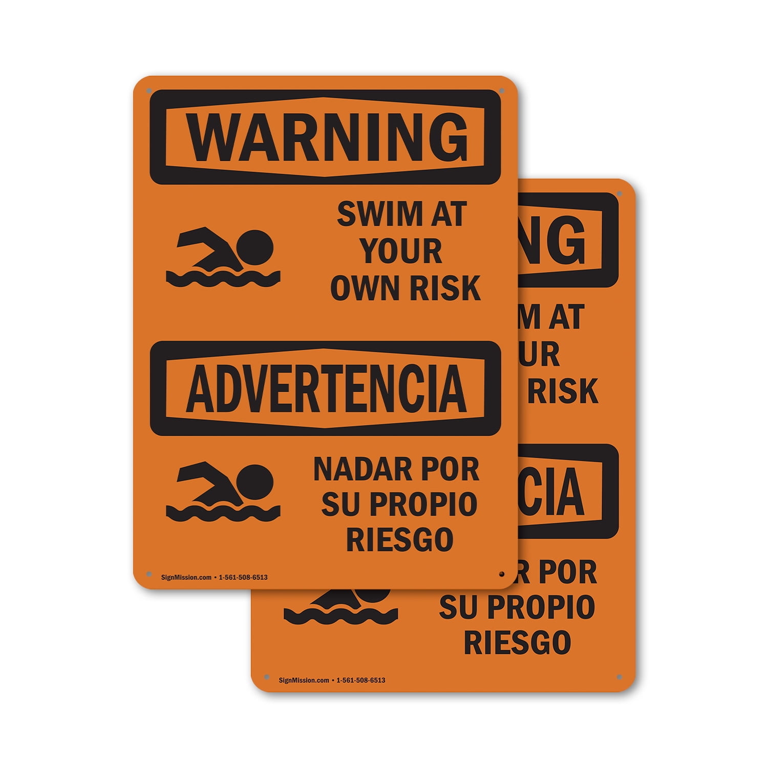 (2 Pack) Swim At Your Own Risk With Symbol Bilingual OSHA Warning Sign ...