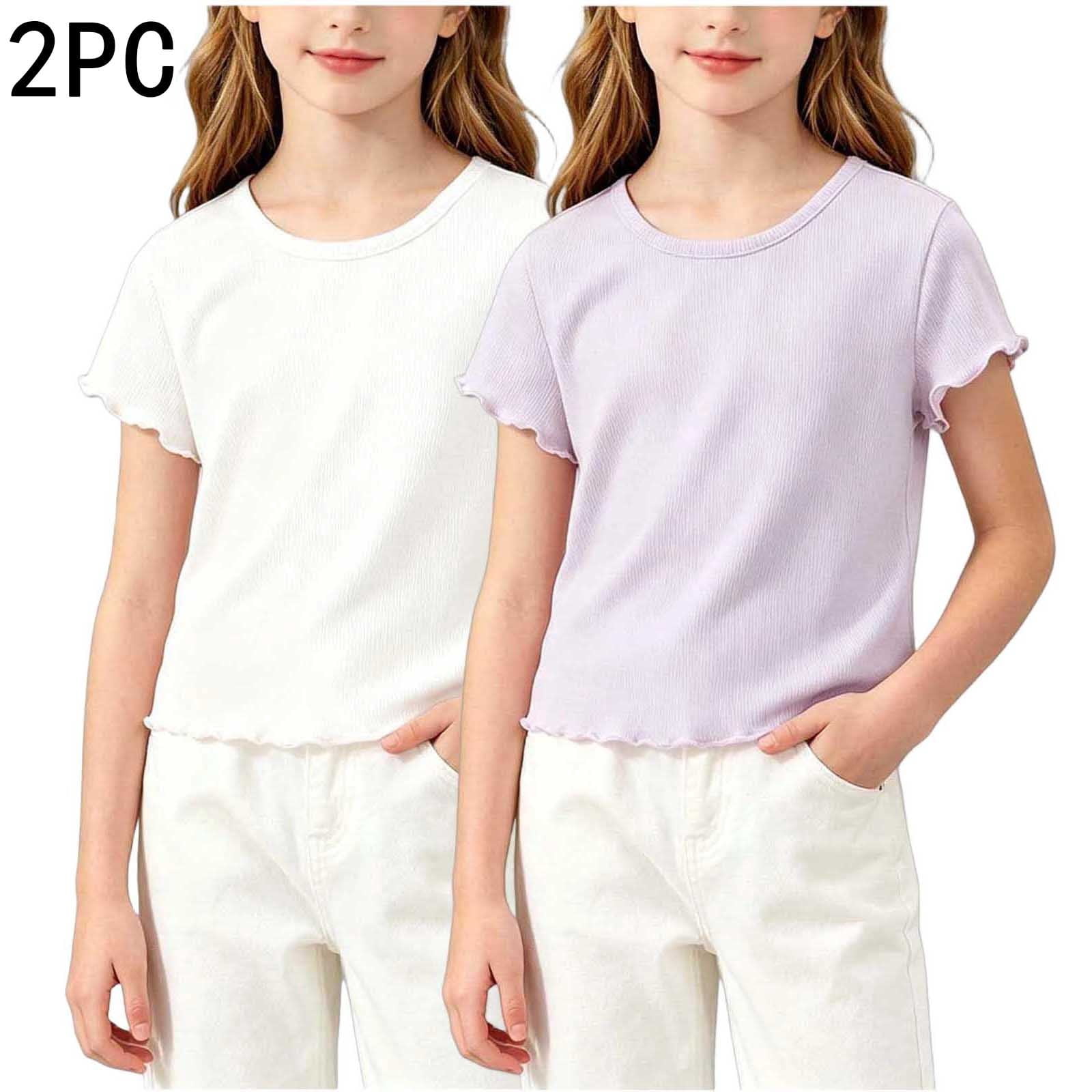 2 Pack T-shirts Girls Lettuce Trim Cute Summer Tops Short Sleeve ...