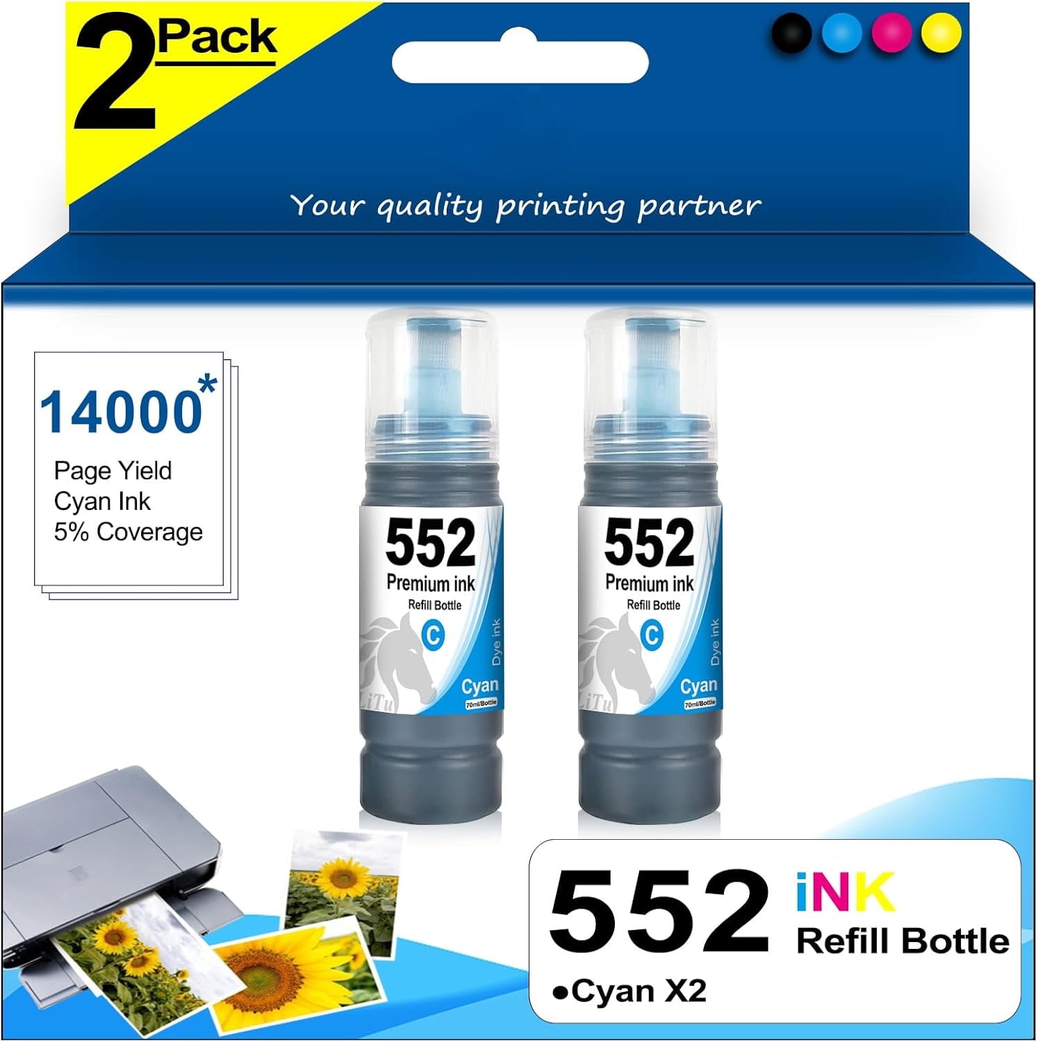 2-Pack T552 552 Cyan Ink Refill Bottles for ET-8500 ET-8550 8500 8550 ...