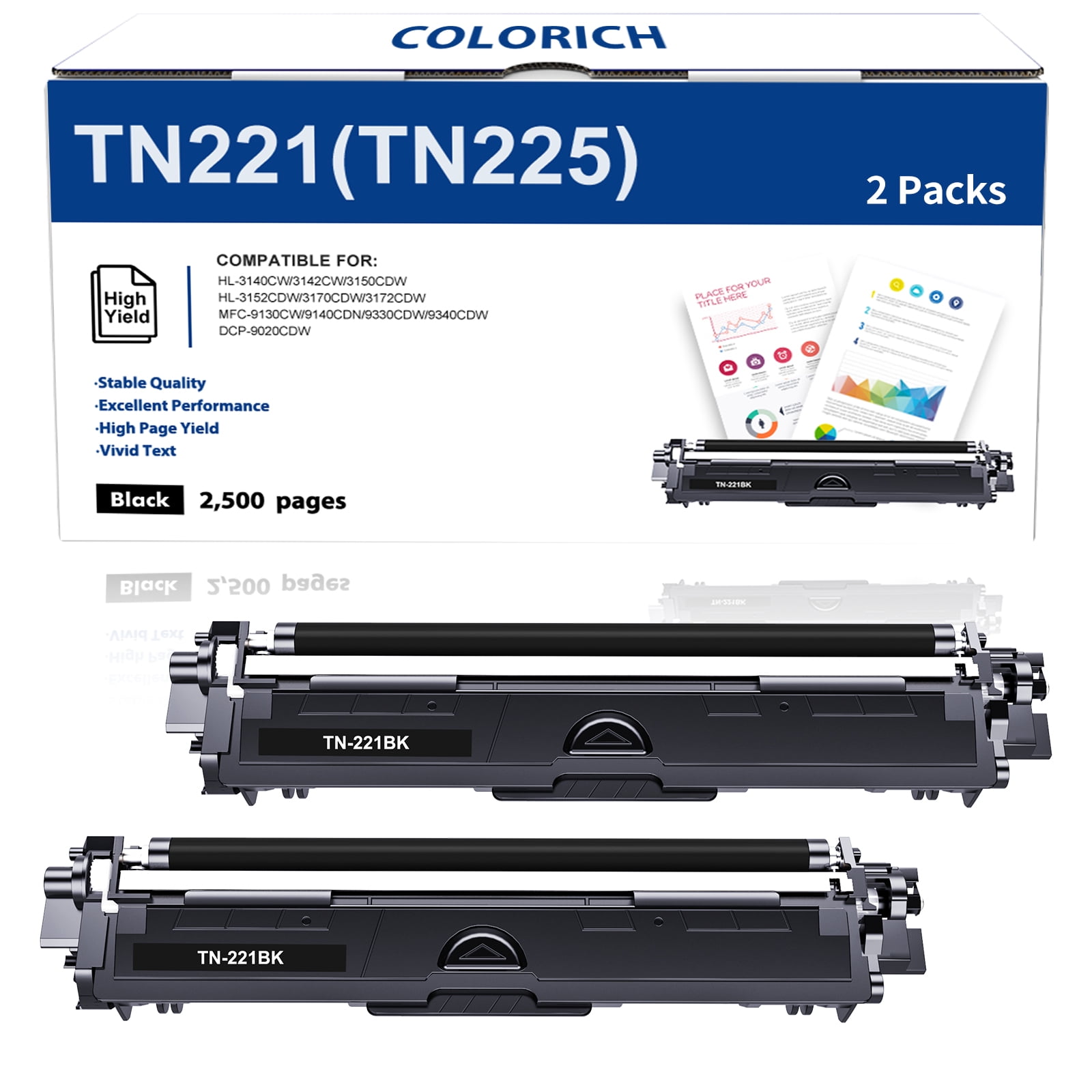 2-Pack TN-221 TN-225 TN221 TN225 Compatible Black Toner for Brother ...