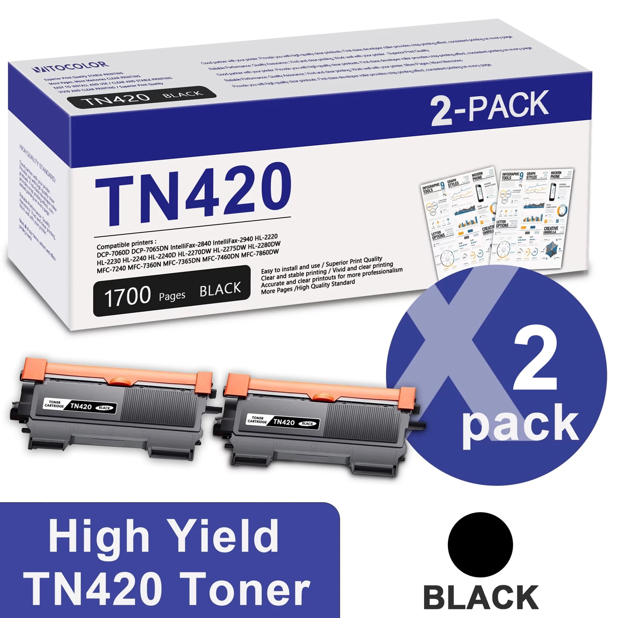2-Pack TN-420 Toner Replacement for Brother TN420 TN450 Toner MFC-7360N ...