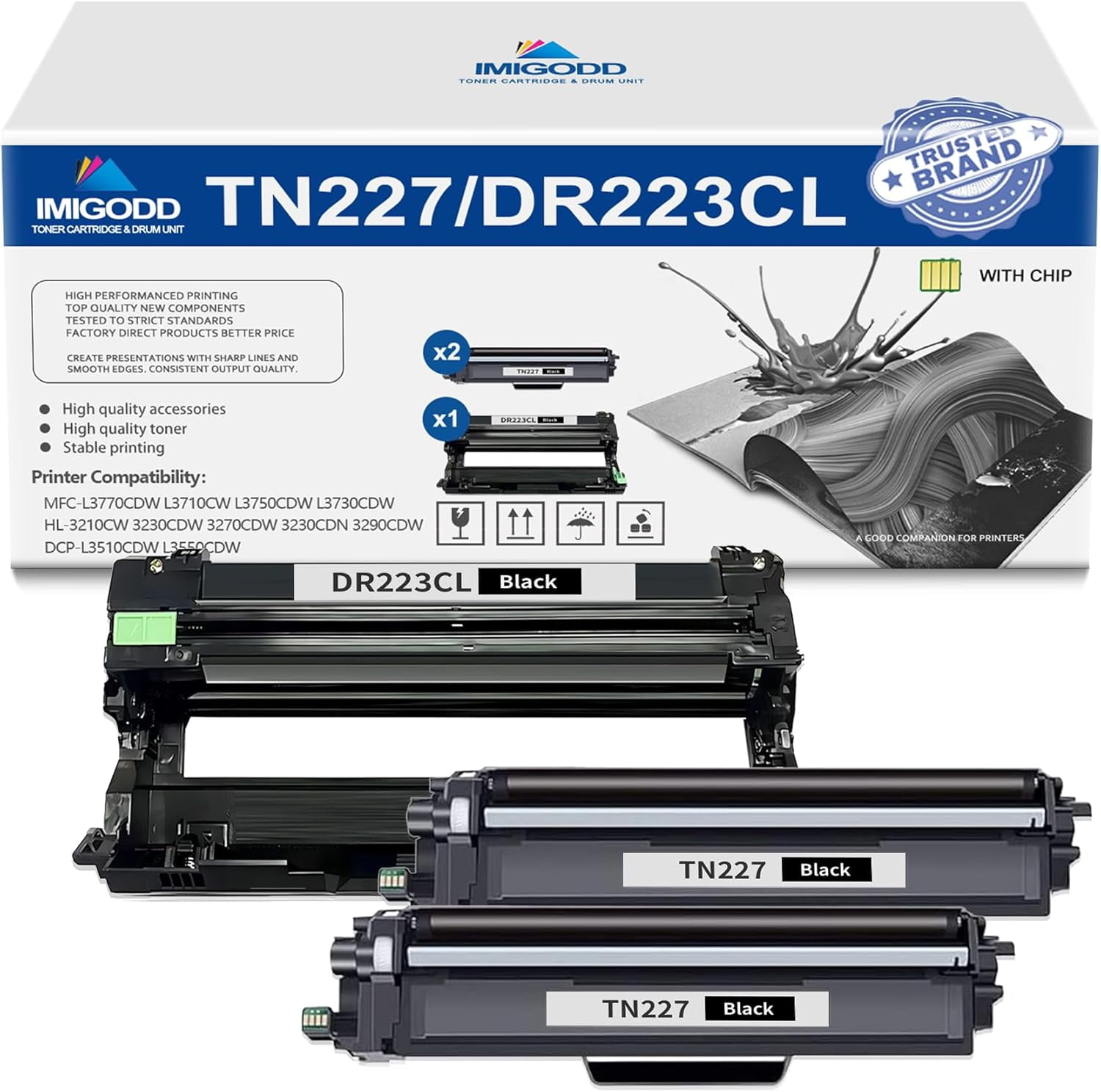 2-Pack TN227 Black Toner Cartridge (with Chip) & 1-Pack DR223CL Black ...