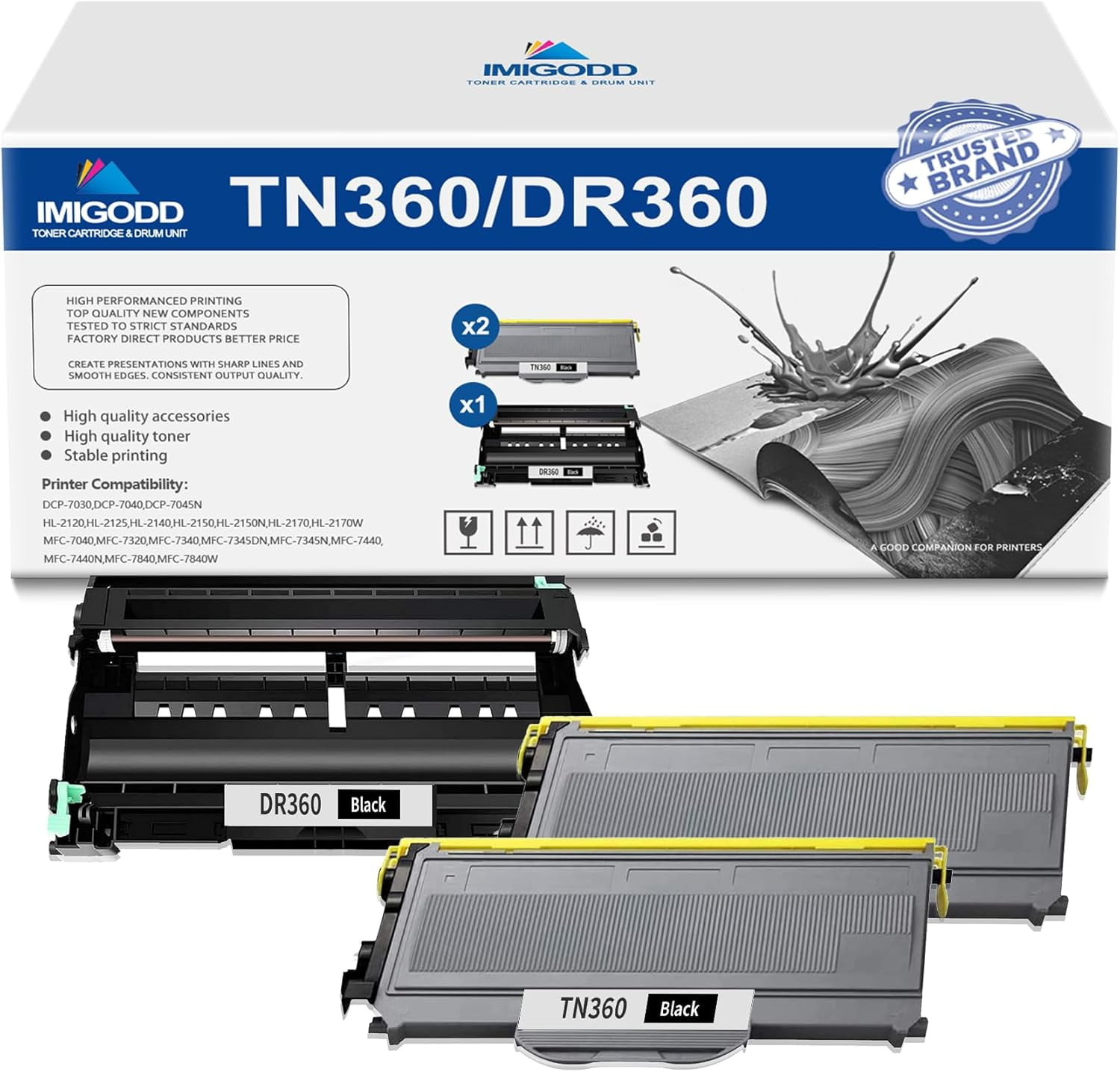 2-Pack TN360 Black Toner Cartridge & 1-Pack DR360 Black Drum Unit Replacement for Brother High ...