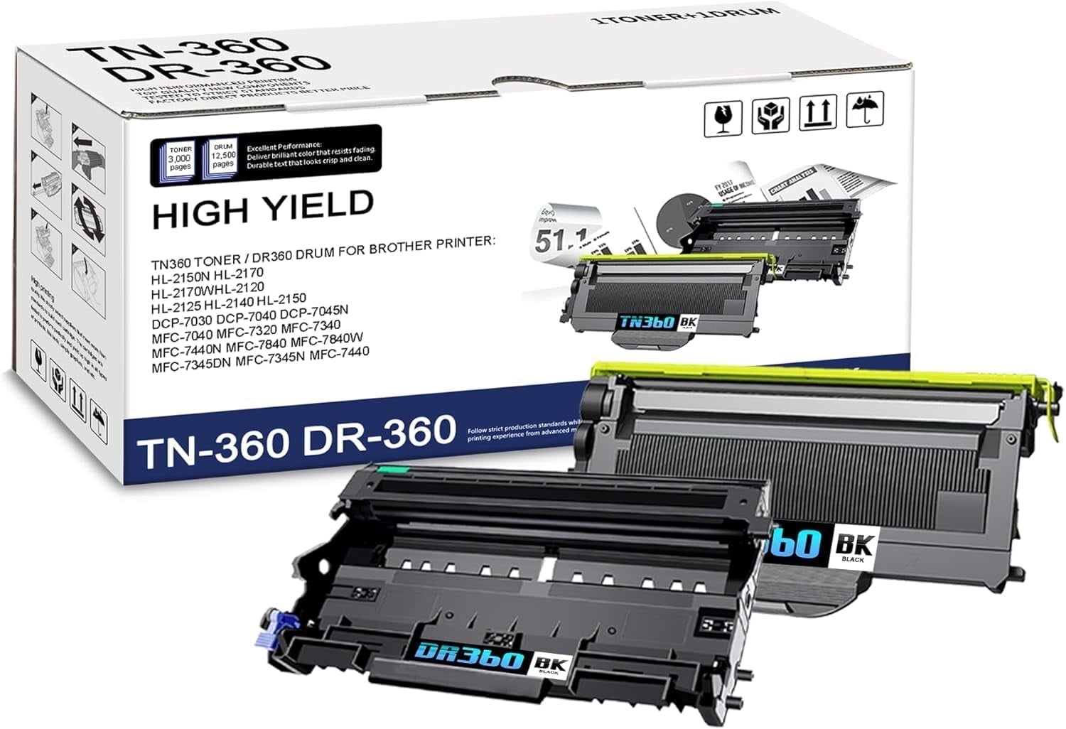 2-Pack TN360 DR360 High Yield Black Toner Cartridge and Drum Unit ...