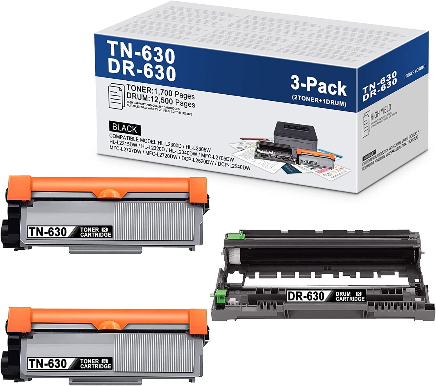 2 Pack TN630 Toner Cartridge and 1 Pack DR630 Drum Unit Replacement for ...