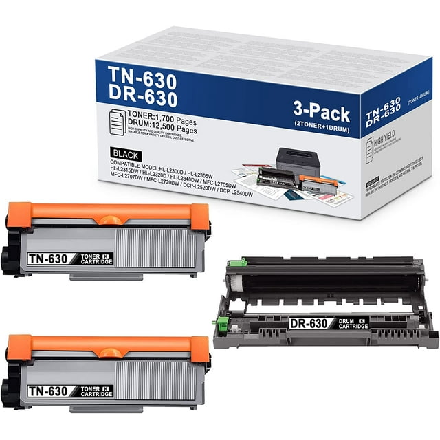 2 Pack TN630 Toner Cartridge and 1 Pack DR630 Drum Unit Replacement for ...