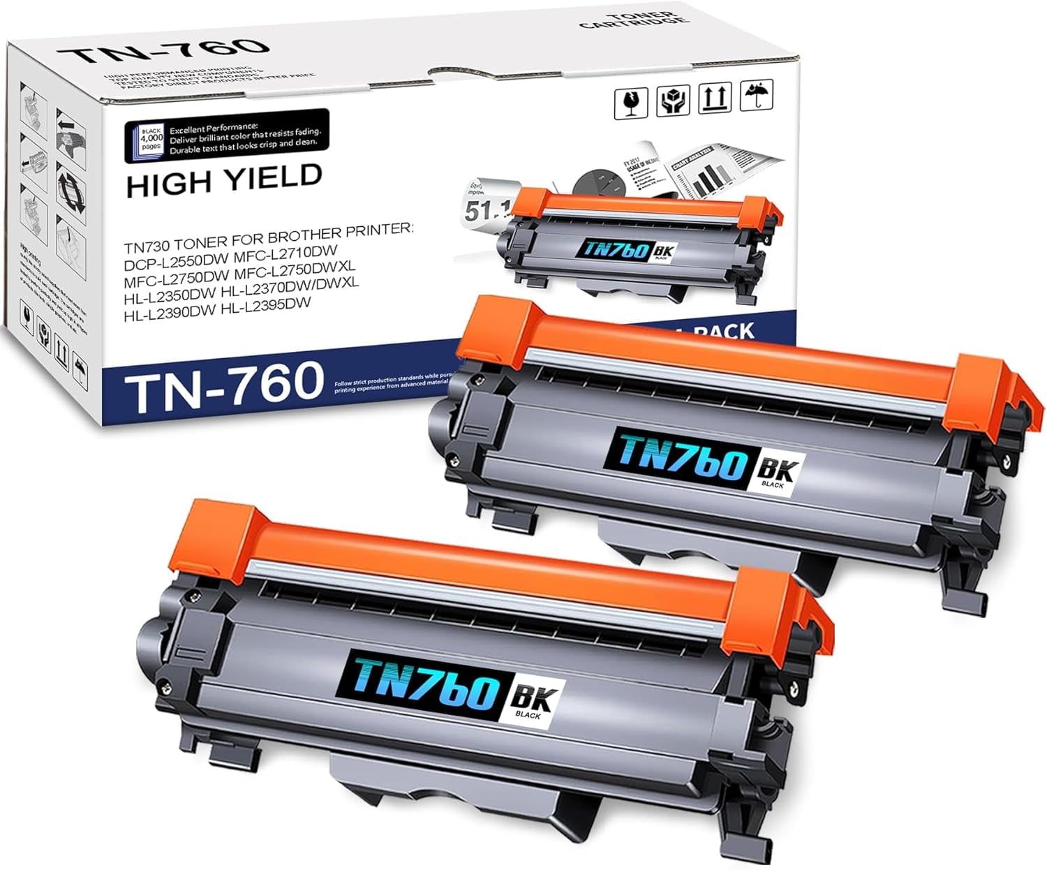 2-Pack TN760 High Yield Black Toner Cartridge, Replacement for Brother ...