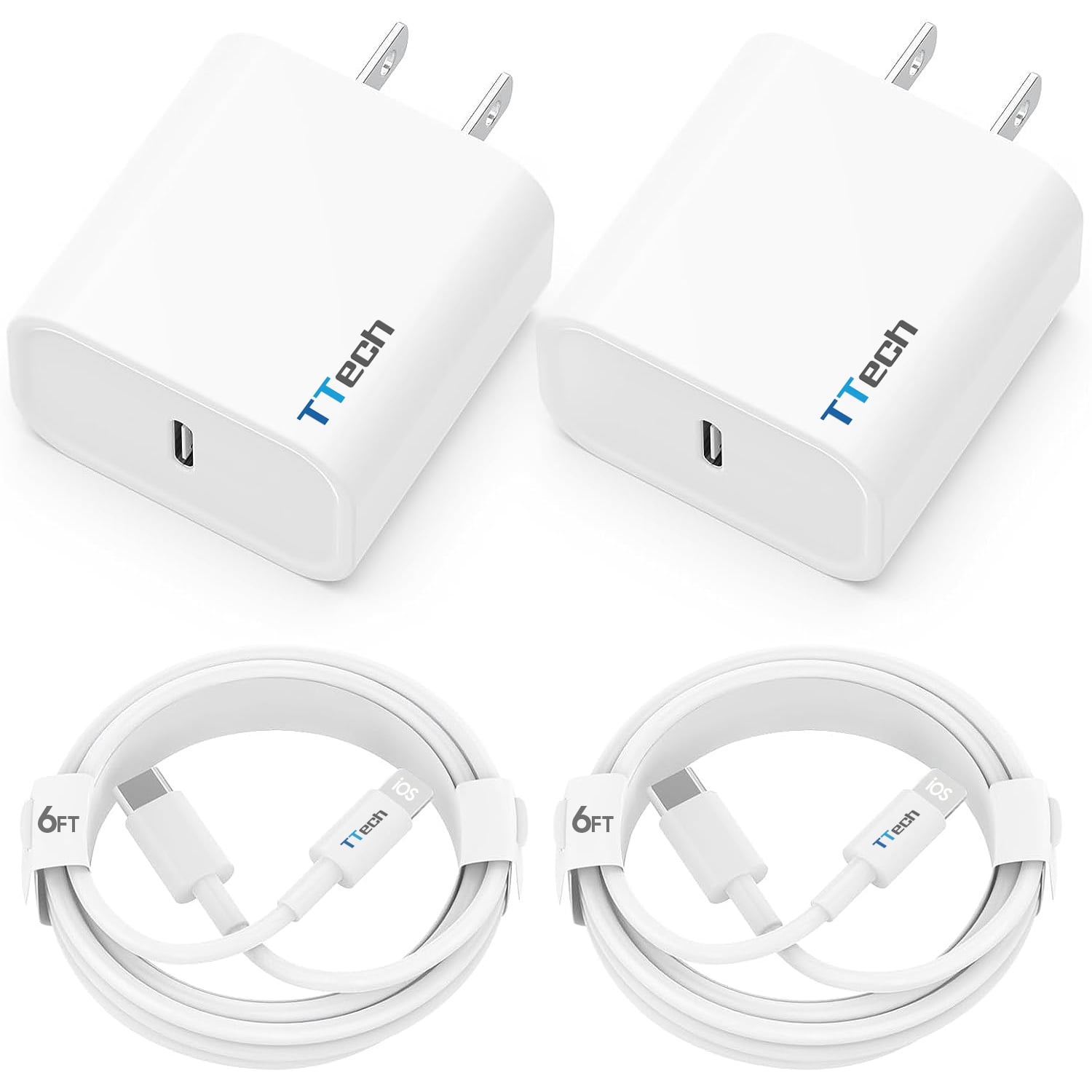 2 Pack TTECH 20W PD USB-C Type-C Fast Wall Charger Plug and 6FT ...