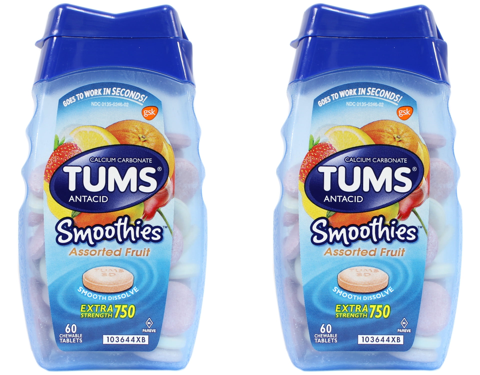 2 Pack - TUMS Smoothies Antacid/Calcium Supplement, Assorted Fruit, 60 ...