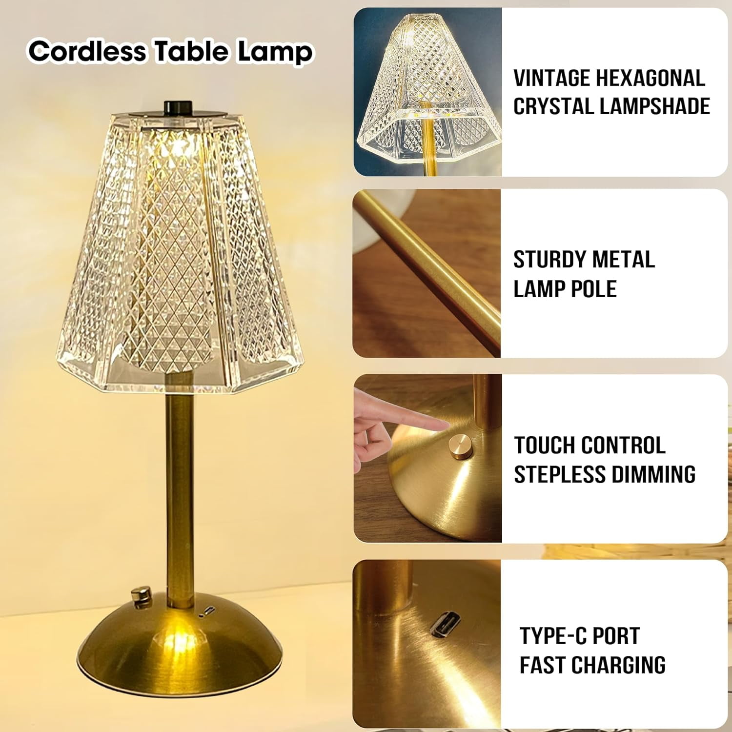 2 Pack Table Lamp,3 Color Dimmable Gold Lamp,Rechargeable Led Desk Lamp ...