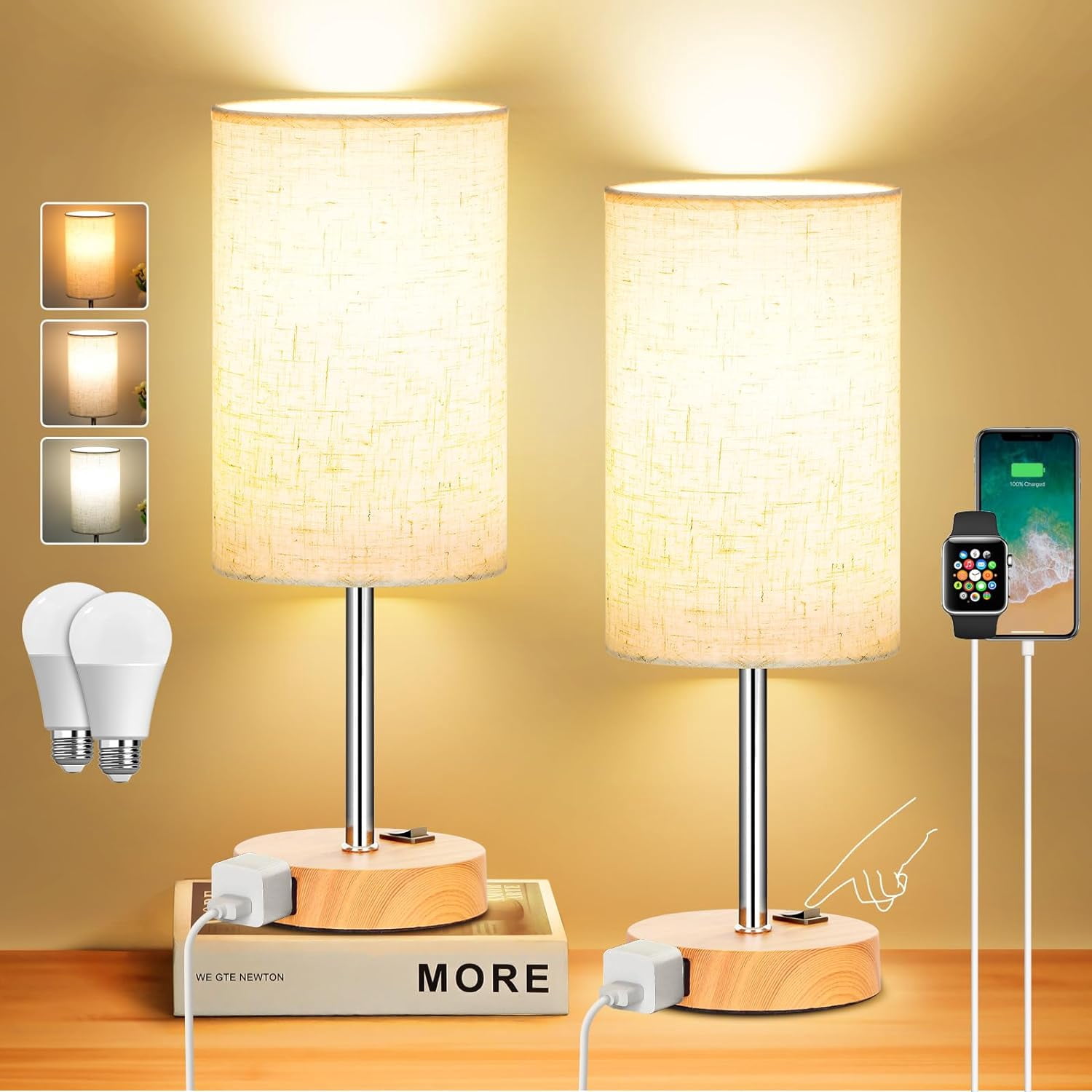 2-Pack Table Lamp for Bedroom, Dimmable Rocker Switch with AC Outlet ...