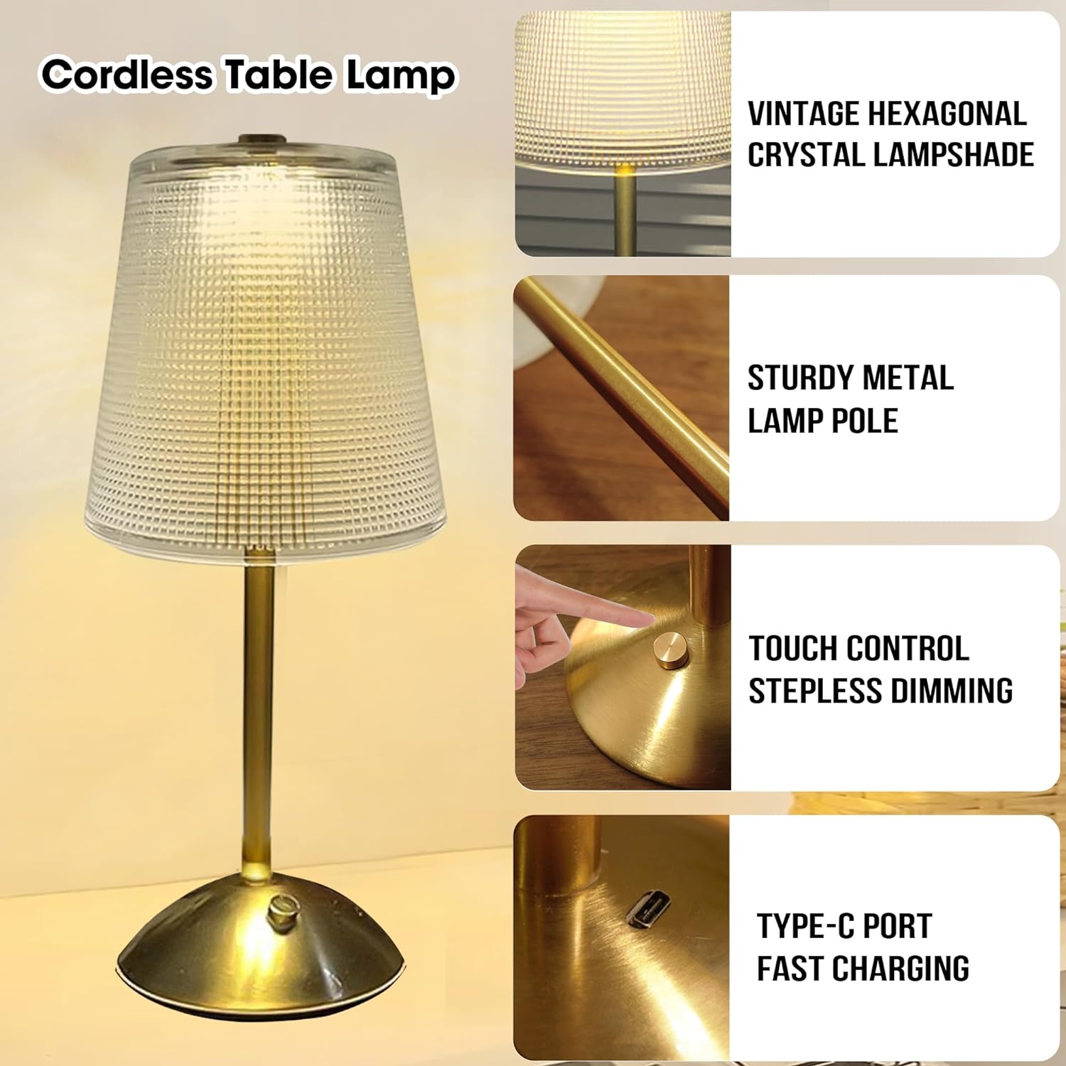 2 Pack Table Lamp,Rechargeable Crystal Lamp,3 Color Dimmable Gold Lamp ...